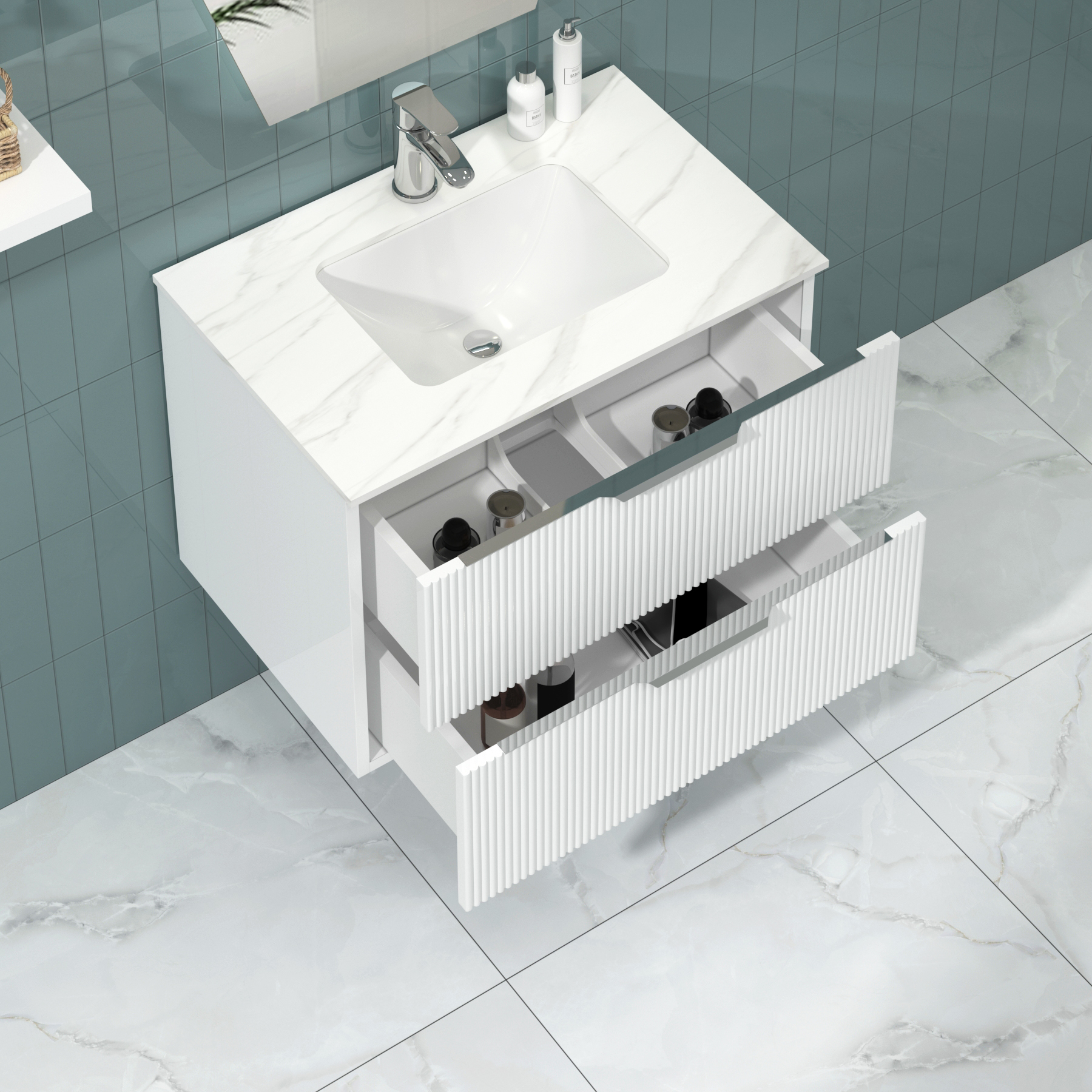 Lyon Fluted Gloss White 2 Drawer Wall Hung Vanity Unit with Carrara ...