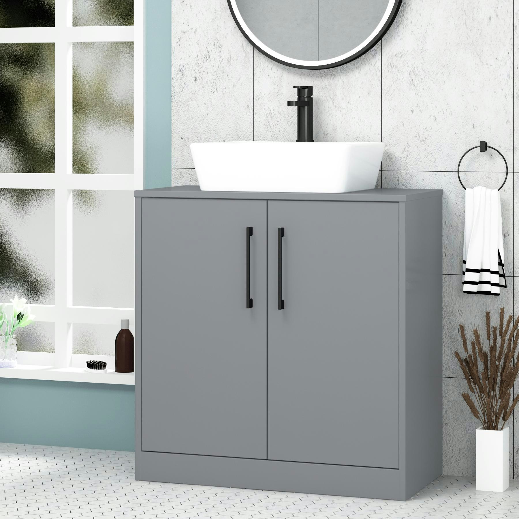 Milan 800mm Floor Standing Vanity Unit 2 Door Coastal Grey Matt Black ...
