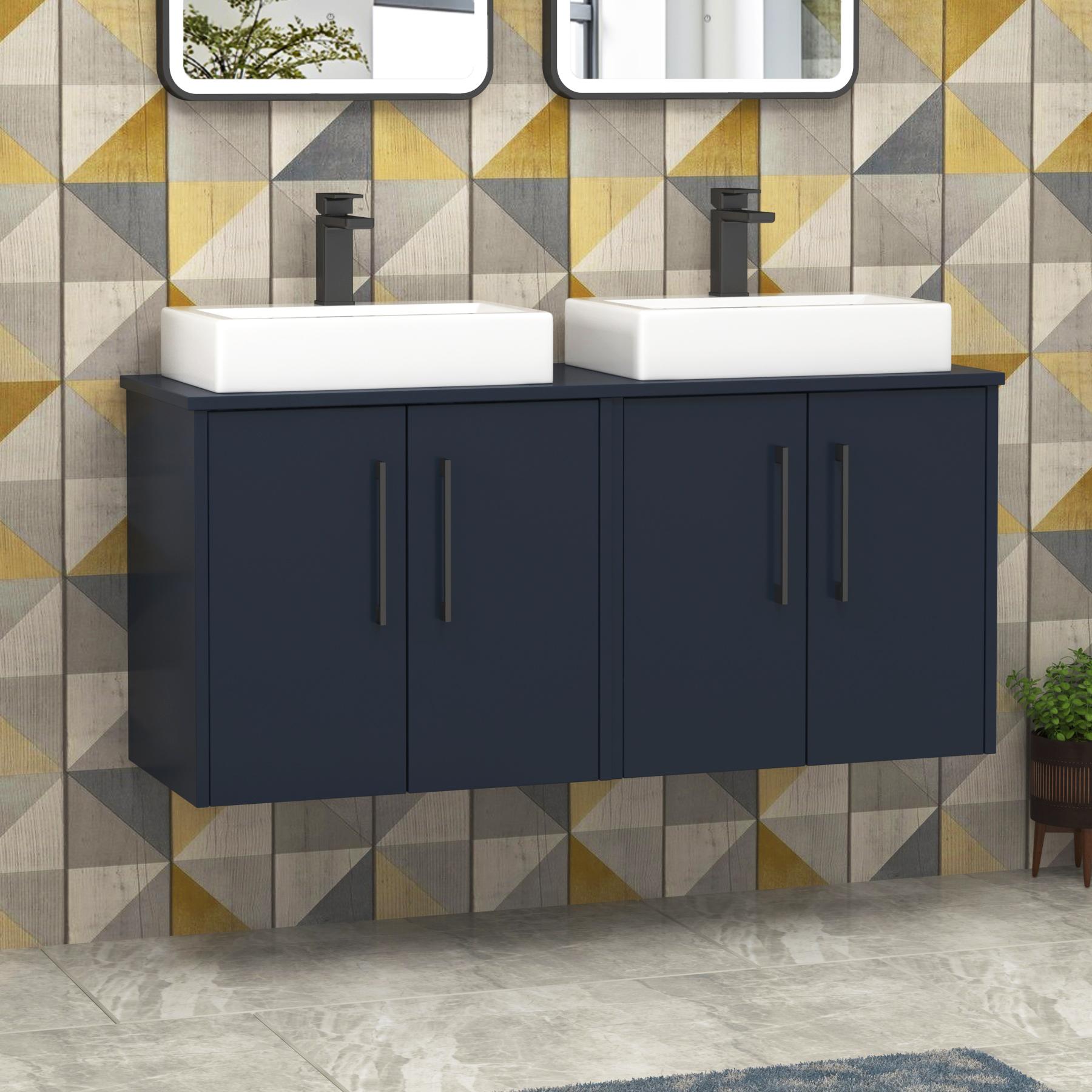 Milan 1200mm Wall Hung Vanity Unit 4 Door Matt Electric Blue with Black ...