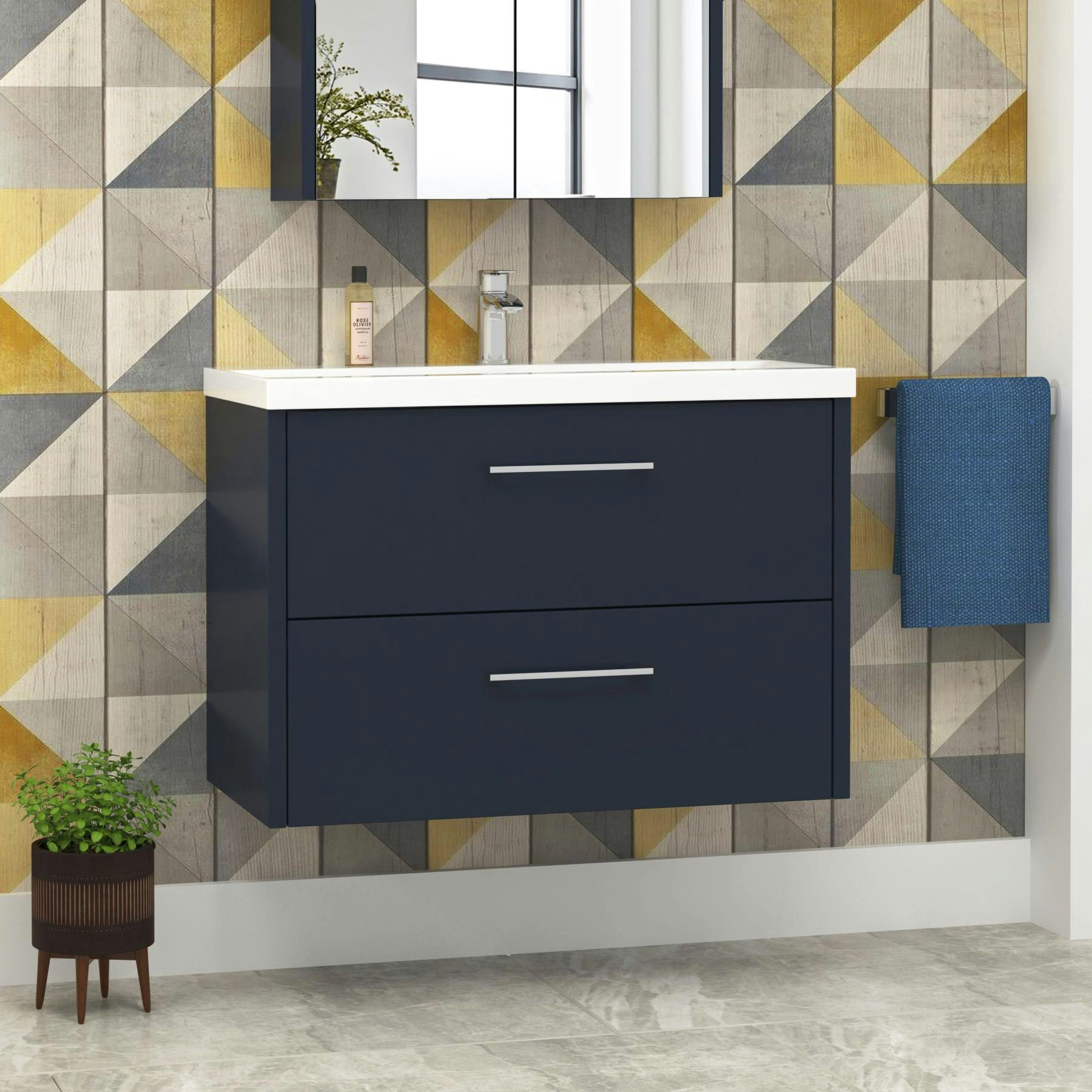 Milan 800mm Electric Blue Matt Wall Hung 2 Drawer Vanity Unit and ...