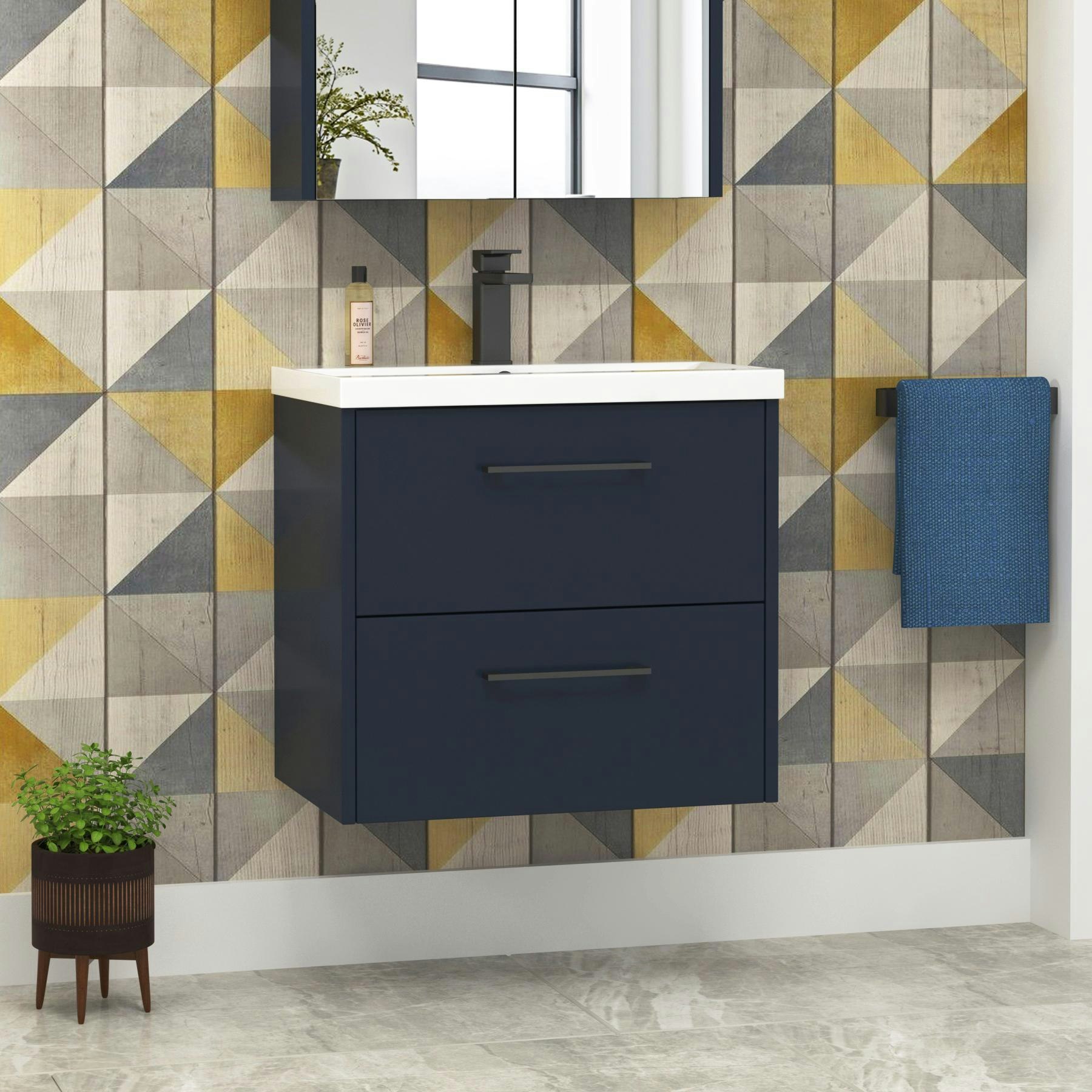 Milan Matt Electric Blue 2 Drawer Wall Hung Vanity Unit with Minimalist ...