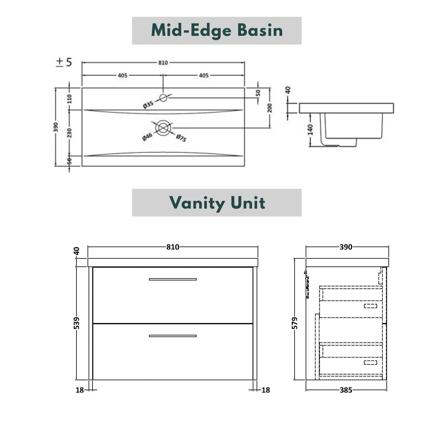 Milan 800mm Electric Blue Matt Wall Hung 2 Drawer Vanity Unit and ...