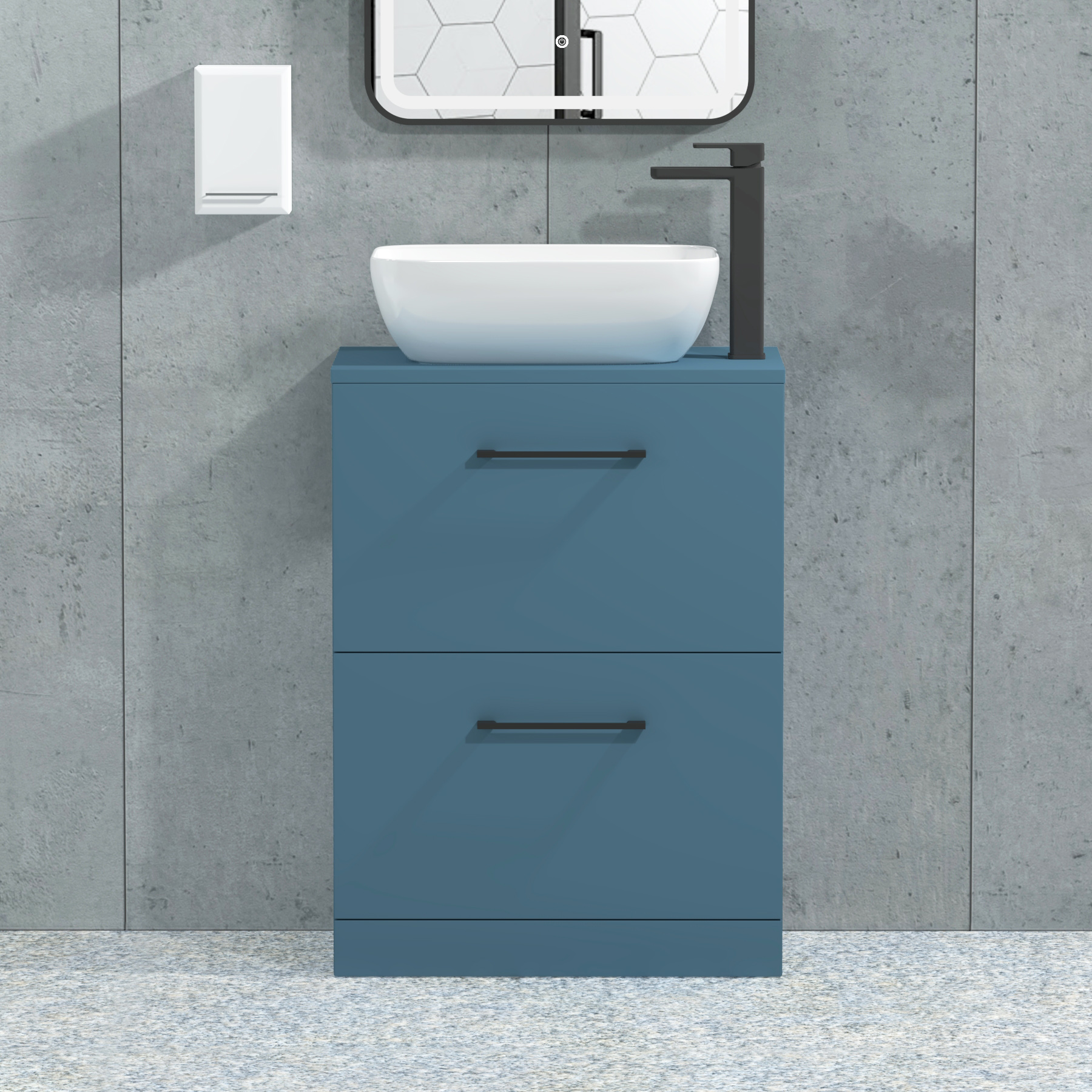 Modena 800mm Satin Blue Floor Standing Vanity Unit 2 Drawer with Matt ...