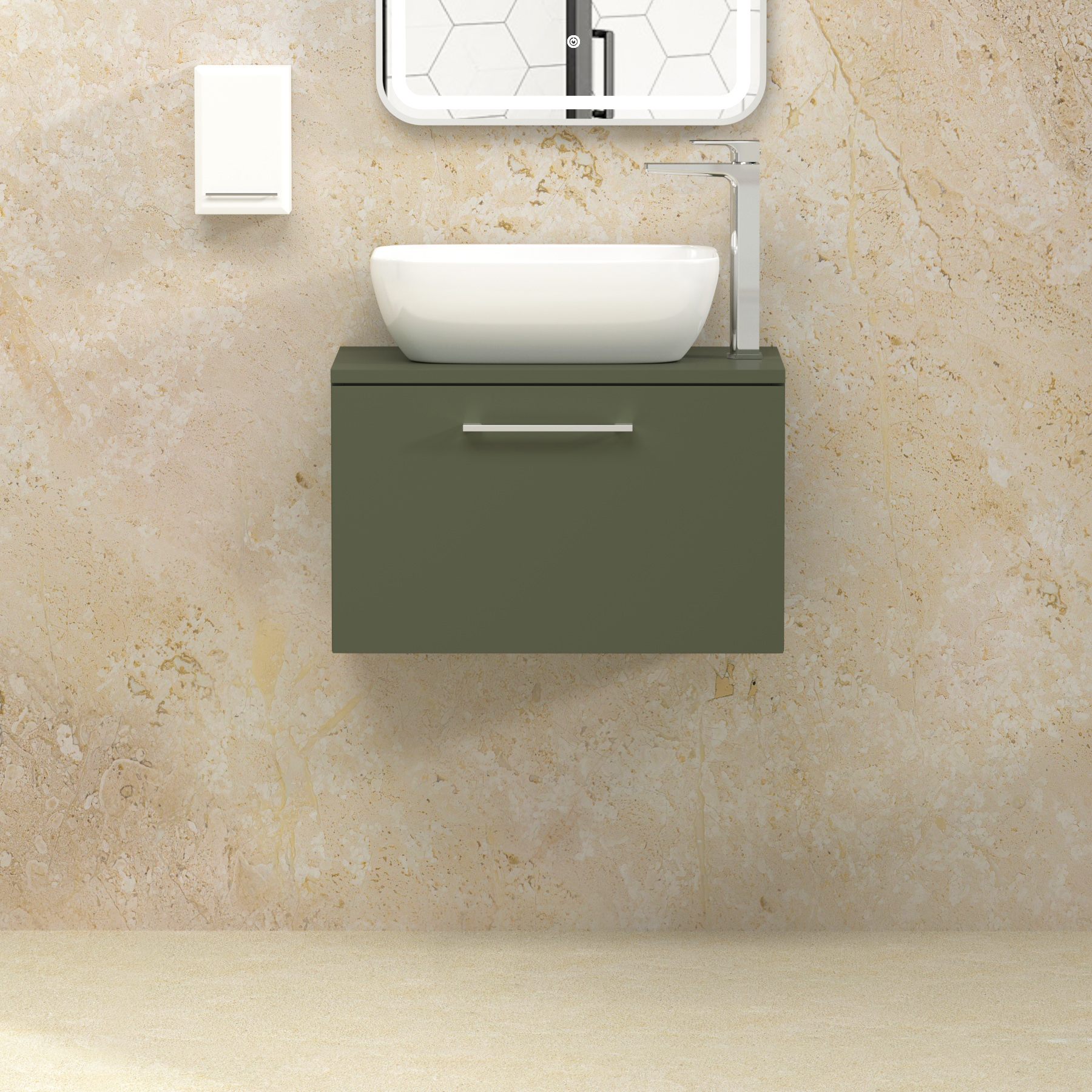 Modena 600mm Satin Green Wall Hung Vanity Unit 1 Drawer with Countertop ...