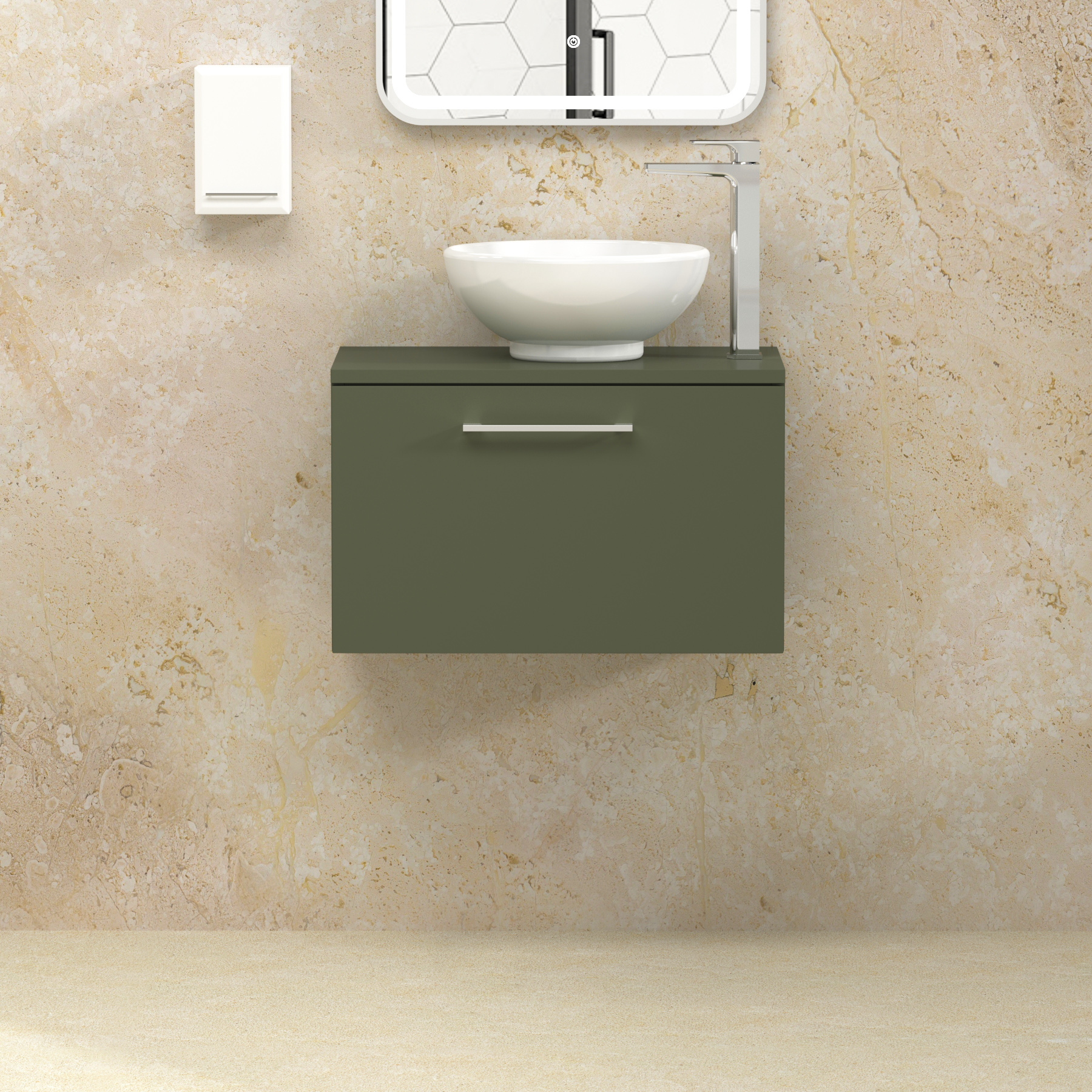 Modena 600mm Satin Green Wall Hung Vanity Unit 1 Drawer with Countertop ...