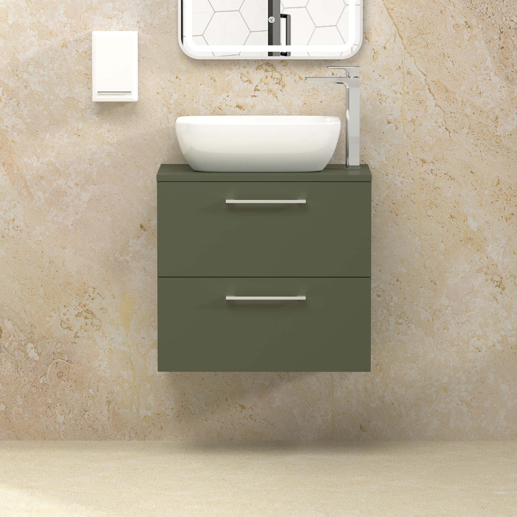 Modena 800mm Satin Green Wall Hung Vanity Unit 2 Drawer with Countertop ...