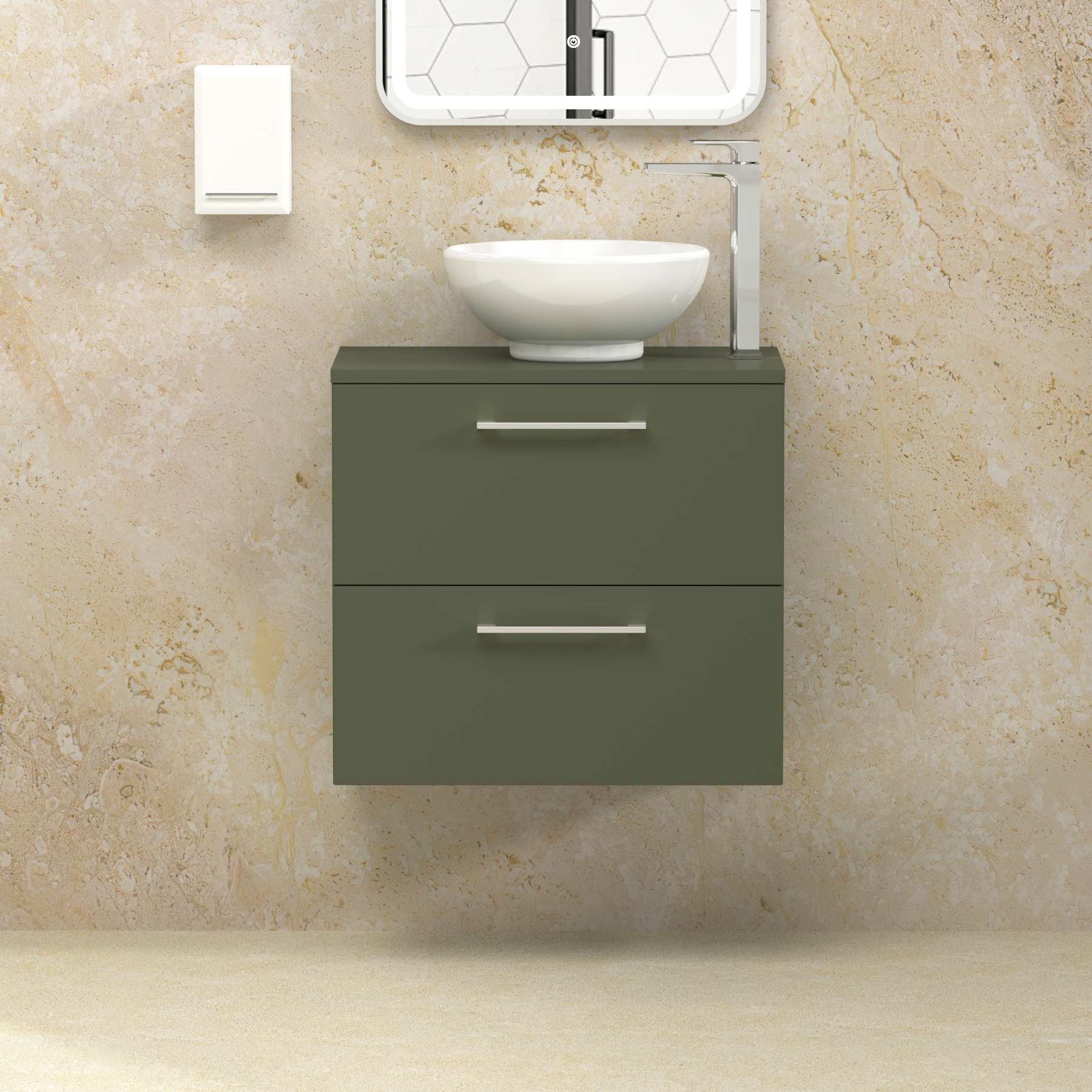 Modena 800mm Satin Green Wall Hung Vanity Unit 2 Drawer with Countertop ...