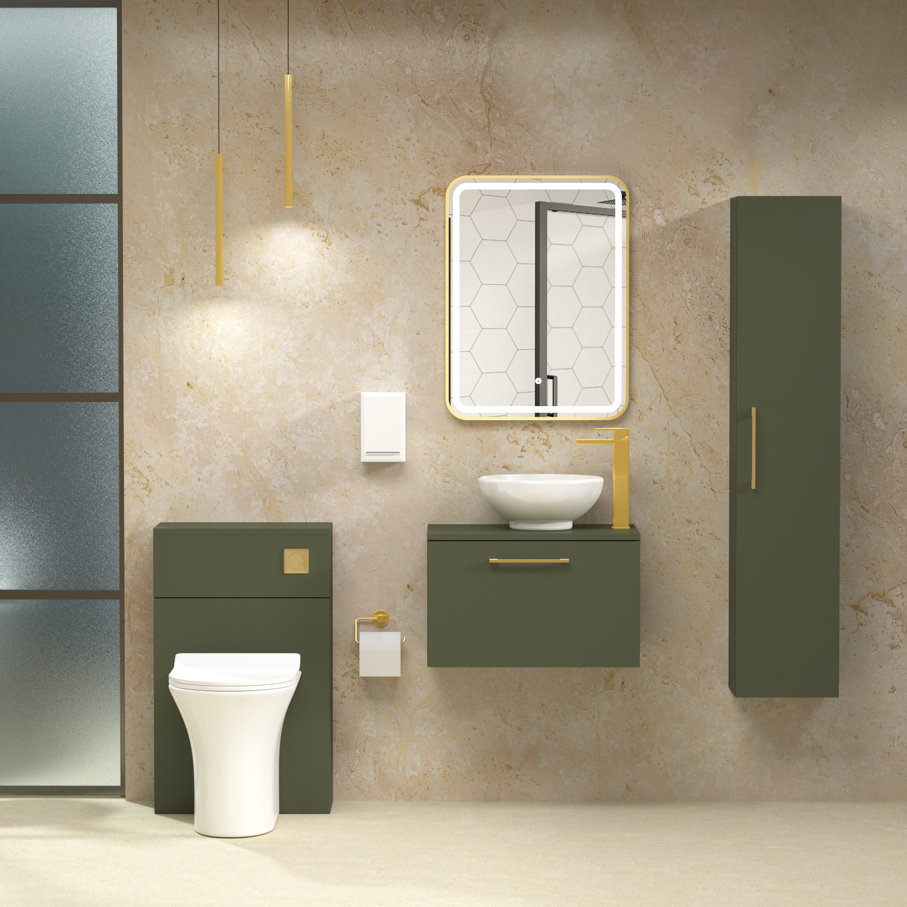 Modena 600mm Satin Green Wall Hung Vanity Unit 1 Drawer with Countertop ...