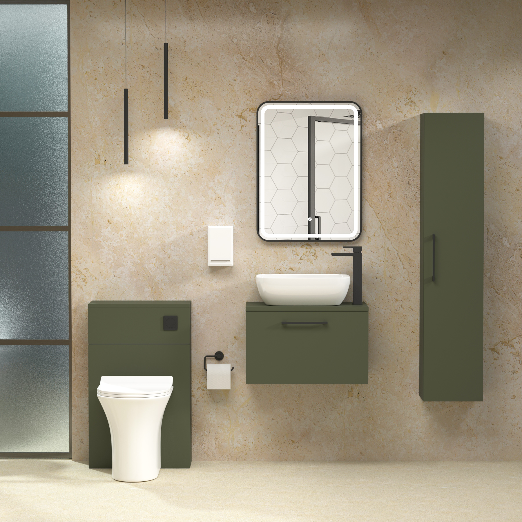 Modena 600mm Satin Green Wall Hung Vanity Unit 1 Drawer with Countertop ...