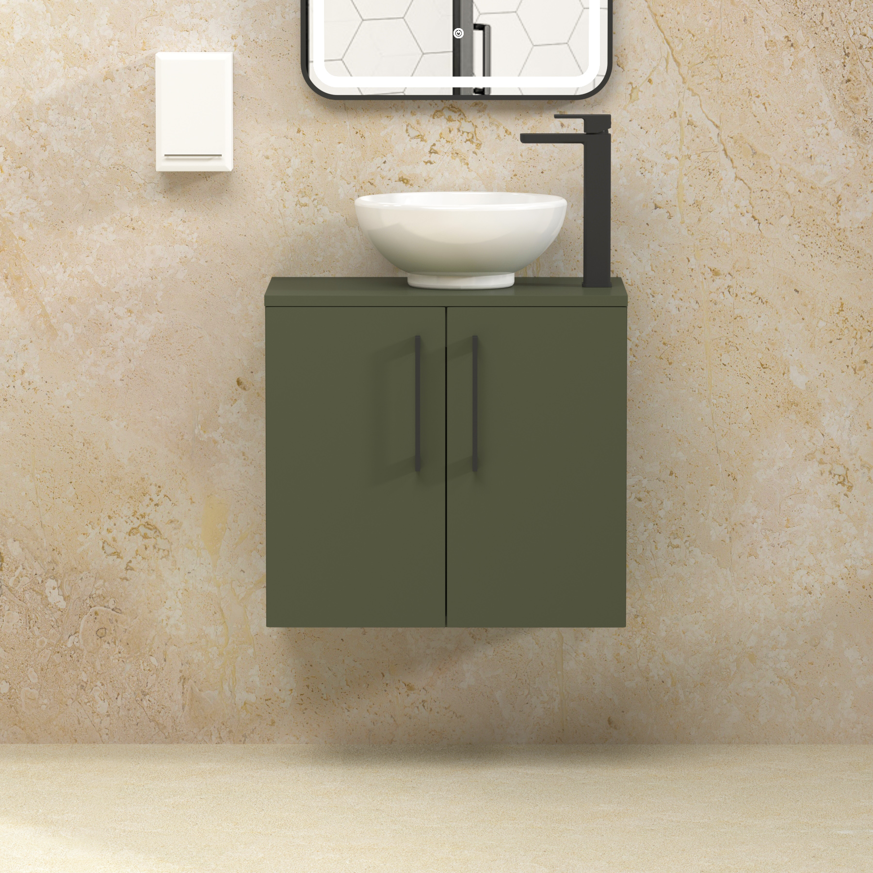 Modena 800mm Satin Green Wall Hung Vanity Unit 2 Door with Matt Black ...
