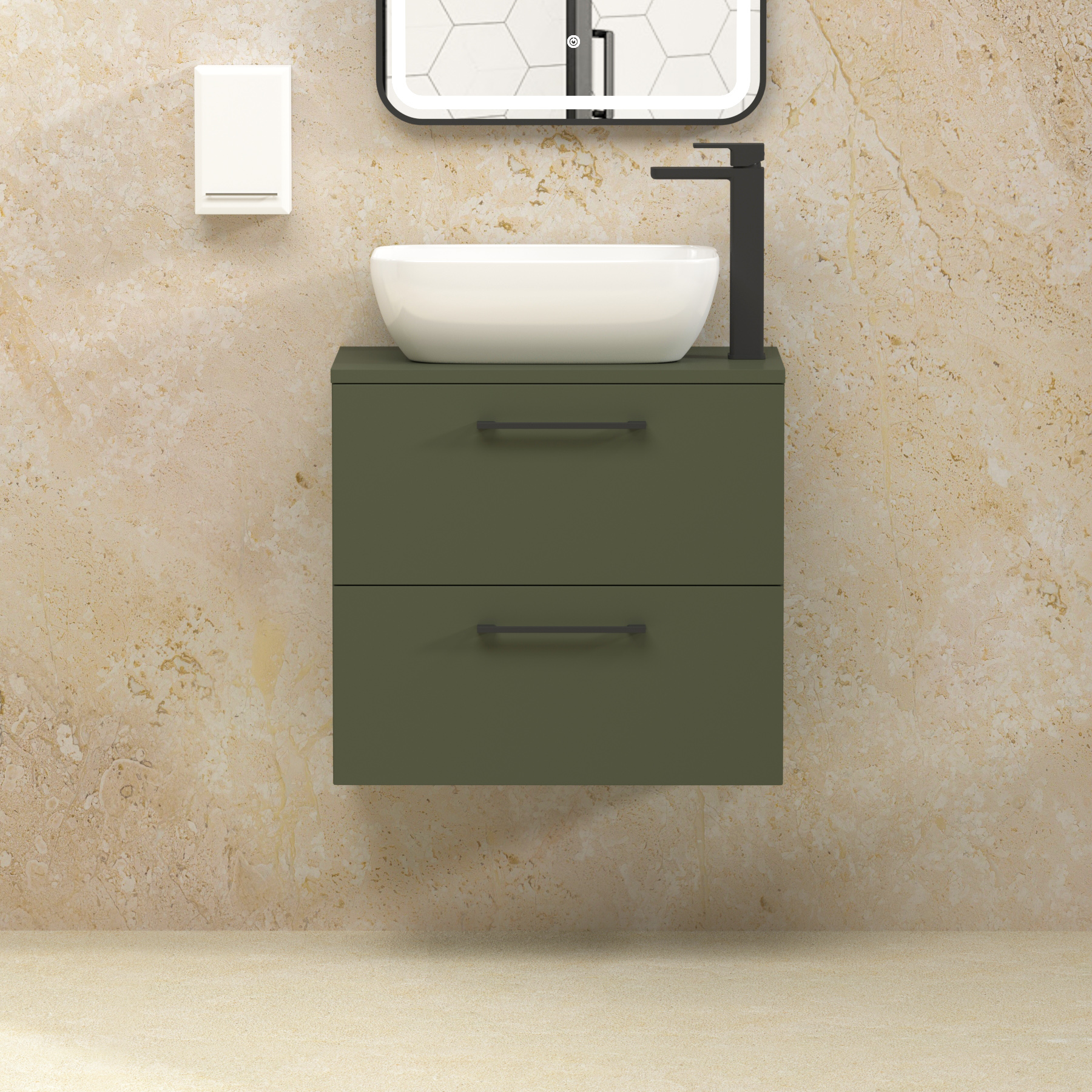 Modena 800mm Satin Green Wall Hung Vanity Unit 2 Drawer with Countertop ...
