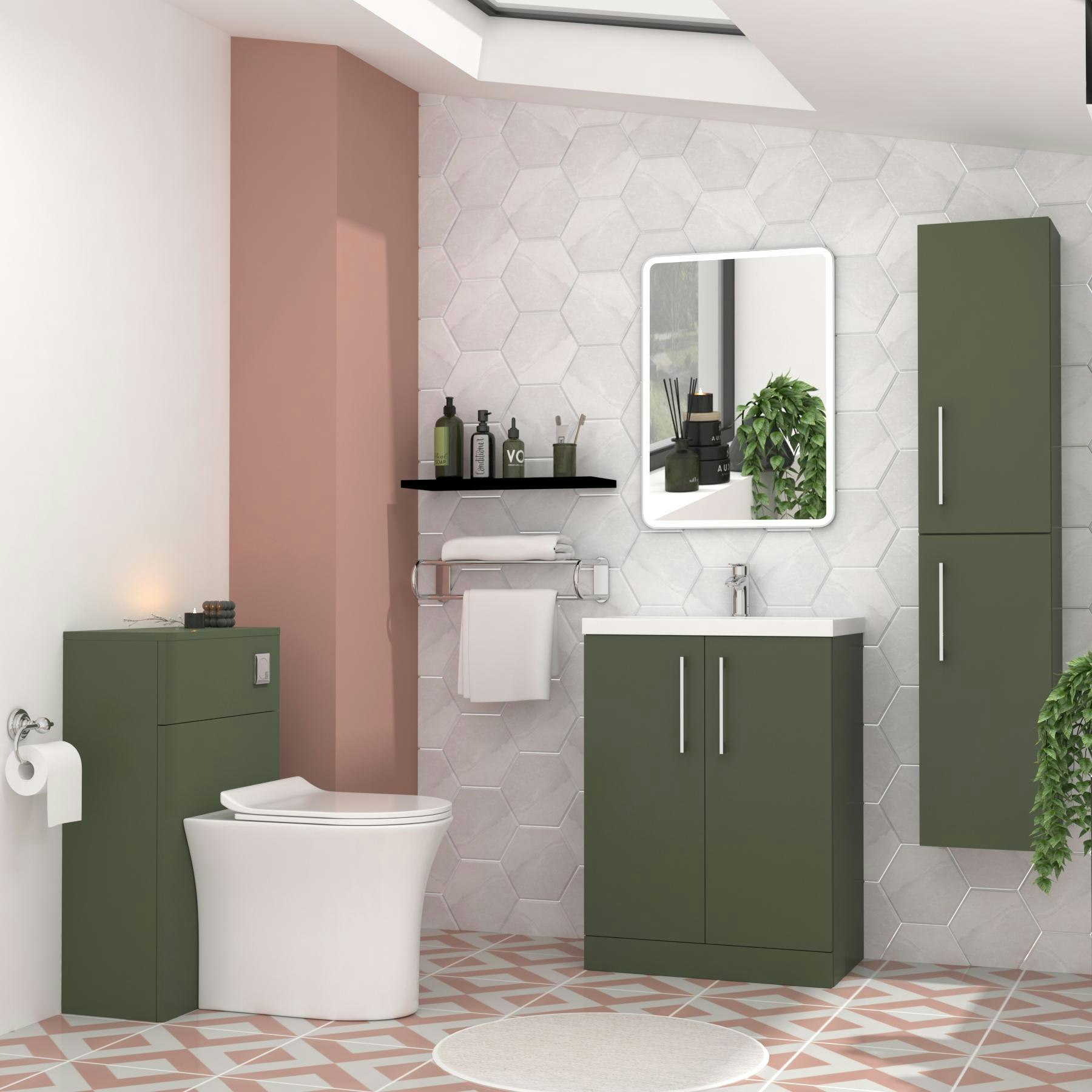Modena Satin Green 2 Door Floor Standing Vanity Unit with Mid-Edge ...