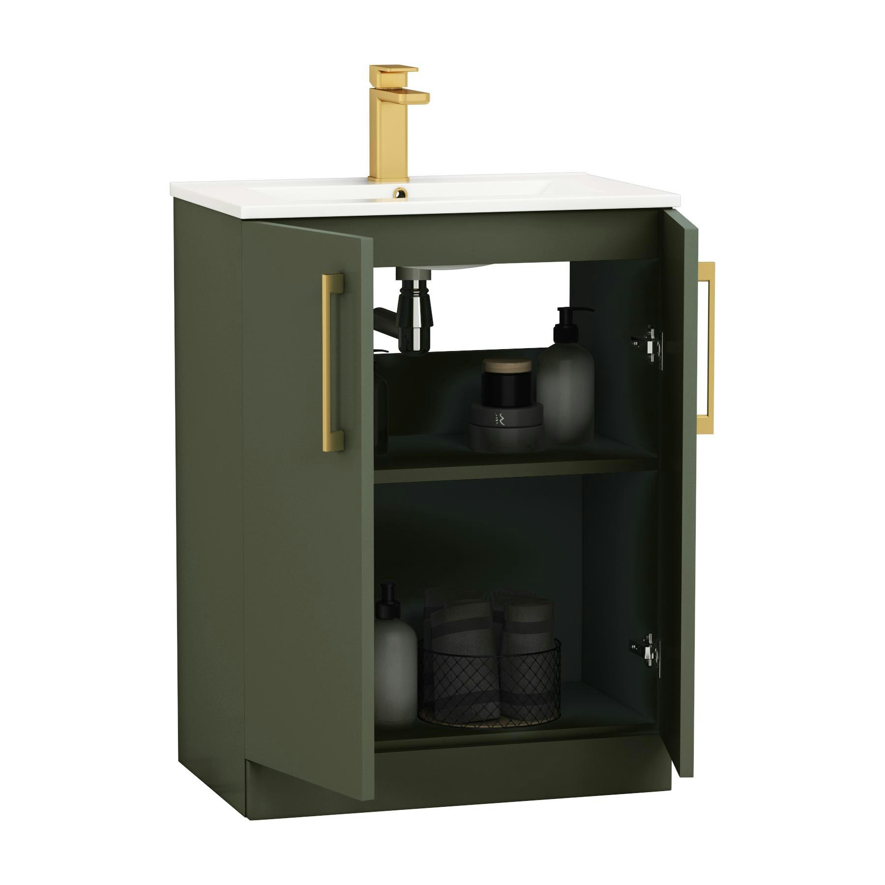 Modena Satin Green 2 Door Floor Standing Vanity Unit with Minimalist ...