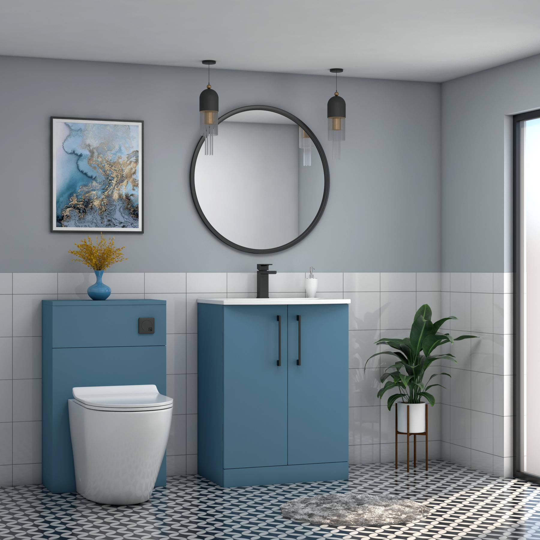 Modena Satin Blue 2 Door Floor Standing Vanity Unit with Curved Basin ...