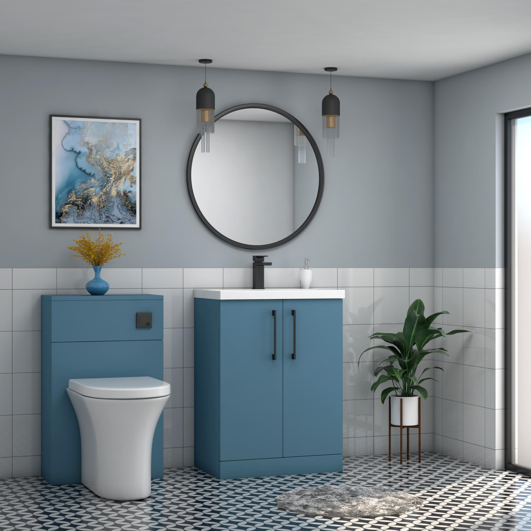 Modena Satin Blue 2 Door Floor Standing Vanity Unit with Mid-Edge Basin ...
