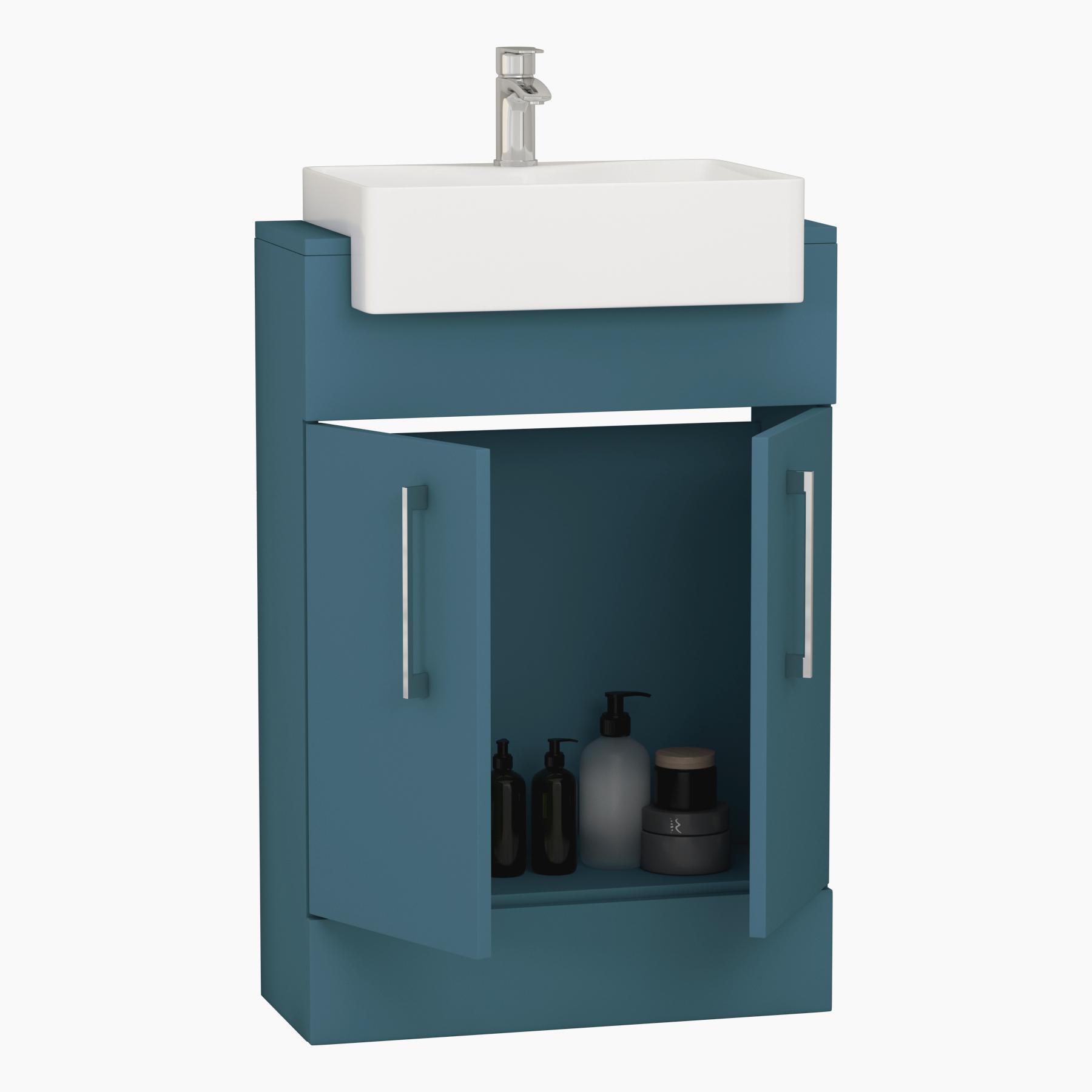 Elena 600mm Floor Standing Vanity Sink Unit Satin Blue 2 Door With Semi ...