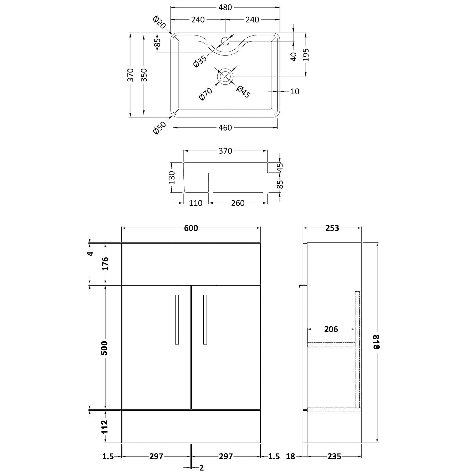 Elena 600mm Floor Standing Vanity Sink Unit Satin Blue 2 Door With Semi ...
