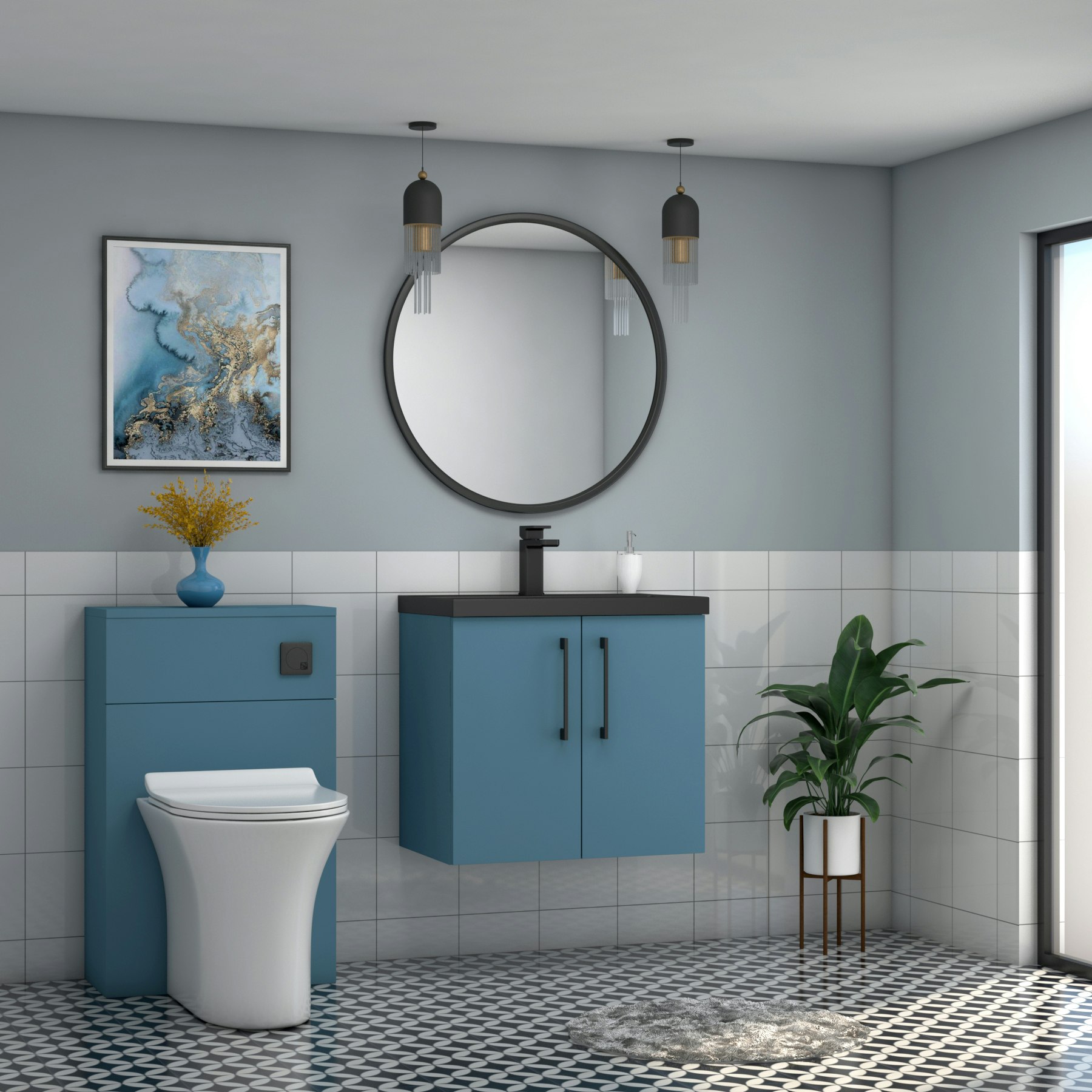 Modena Satin Blue 2 Door Wall Hung Vanity Unit with Black Mid-Edge ...