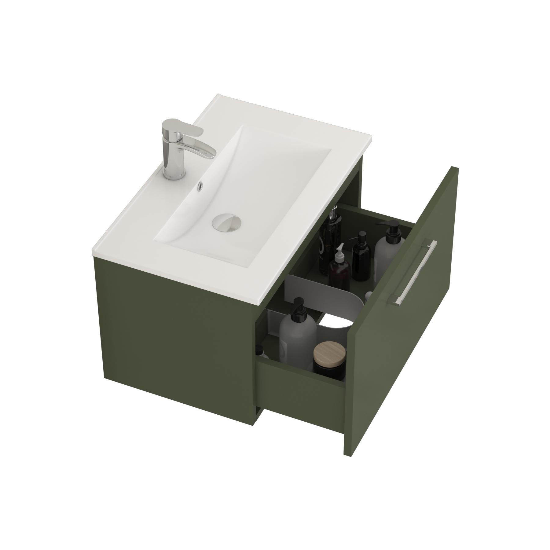 Modena Satin Green 1 Drawer Wall Mounted Vanity Unit with Minimalist ...