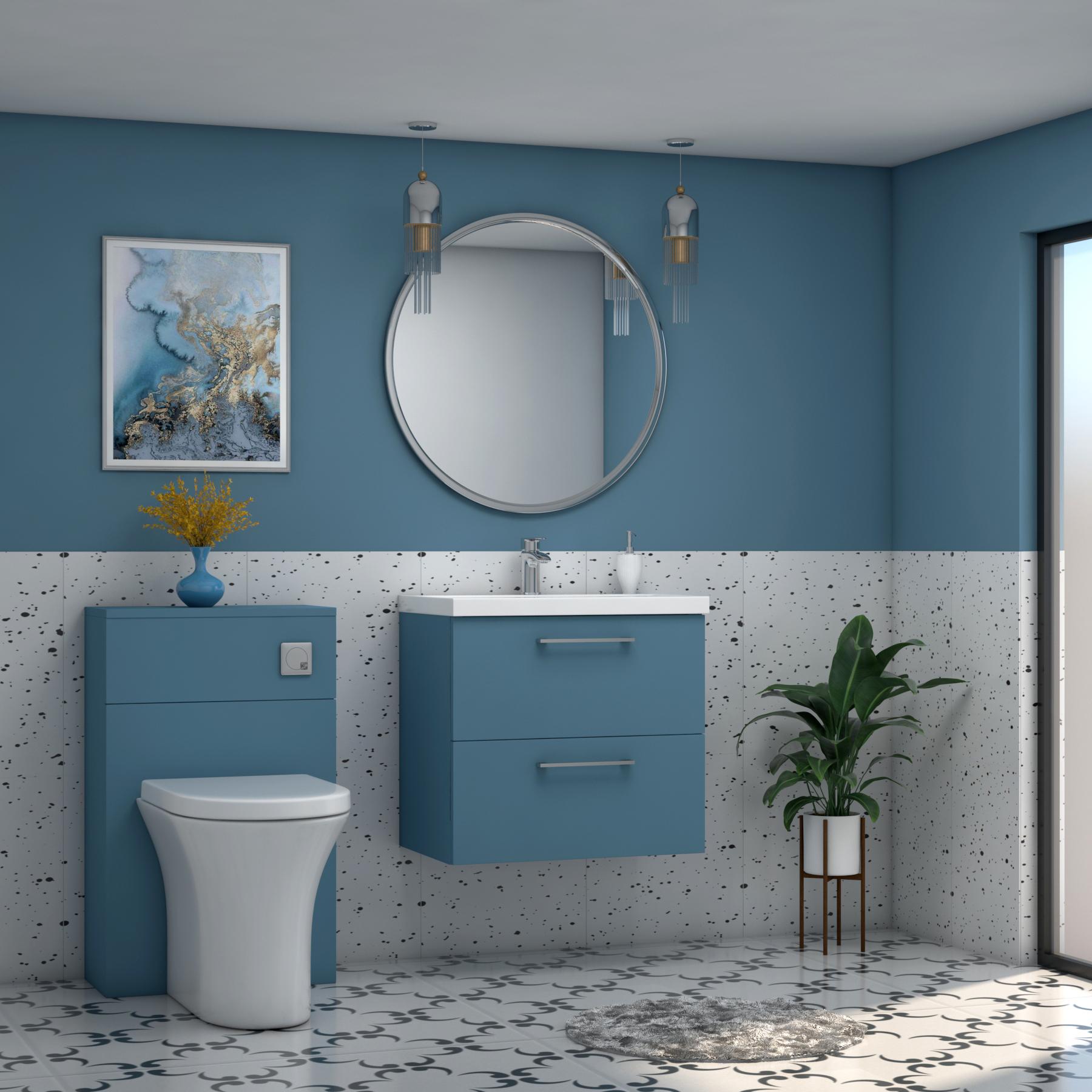 Modena Satin Blue 2 Drawer Wall Mounted Vanity Unit with Minimalist ...