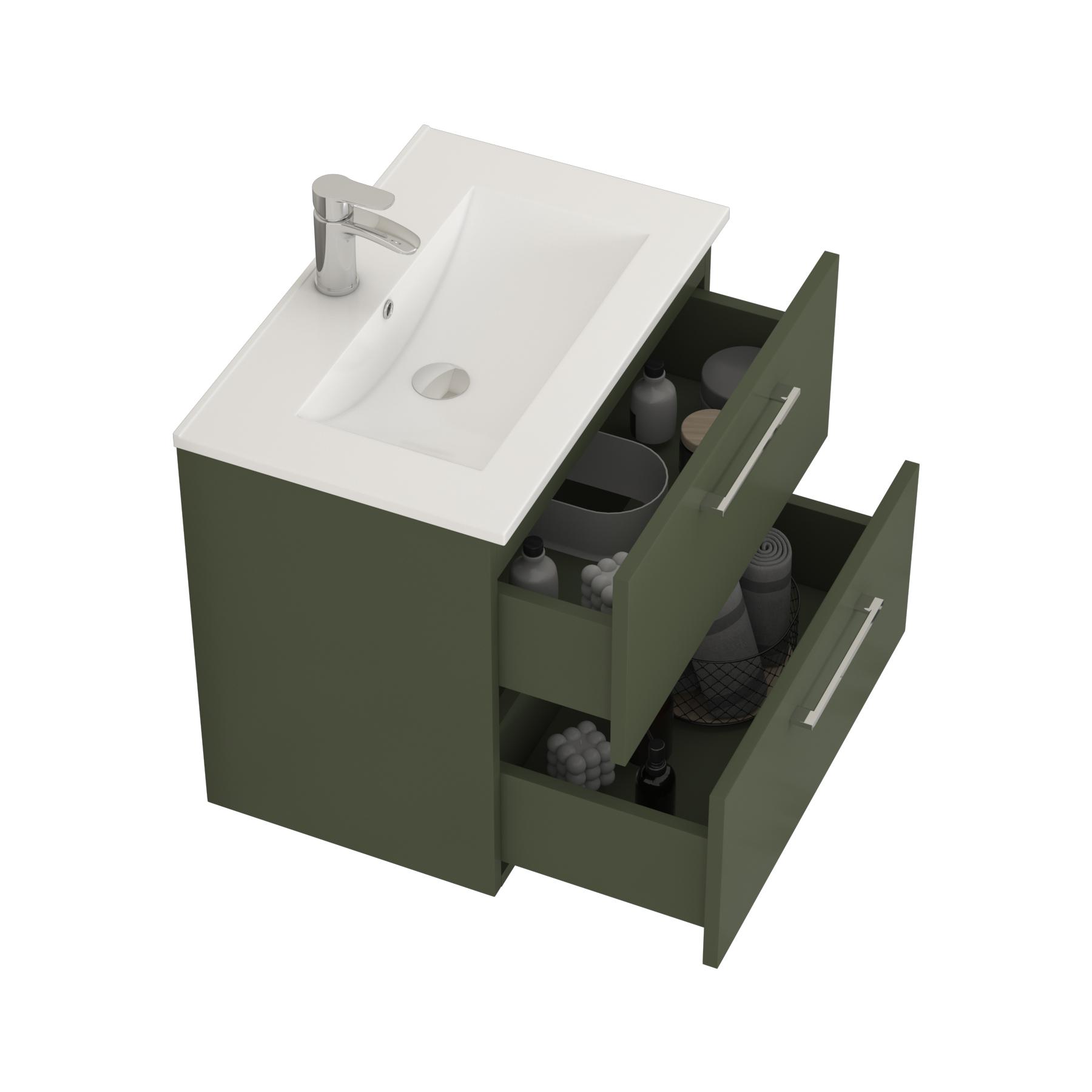 Modena Satin Green 2 Drawer Wall Mounted Vanity Unit with Minimalist ...