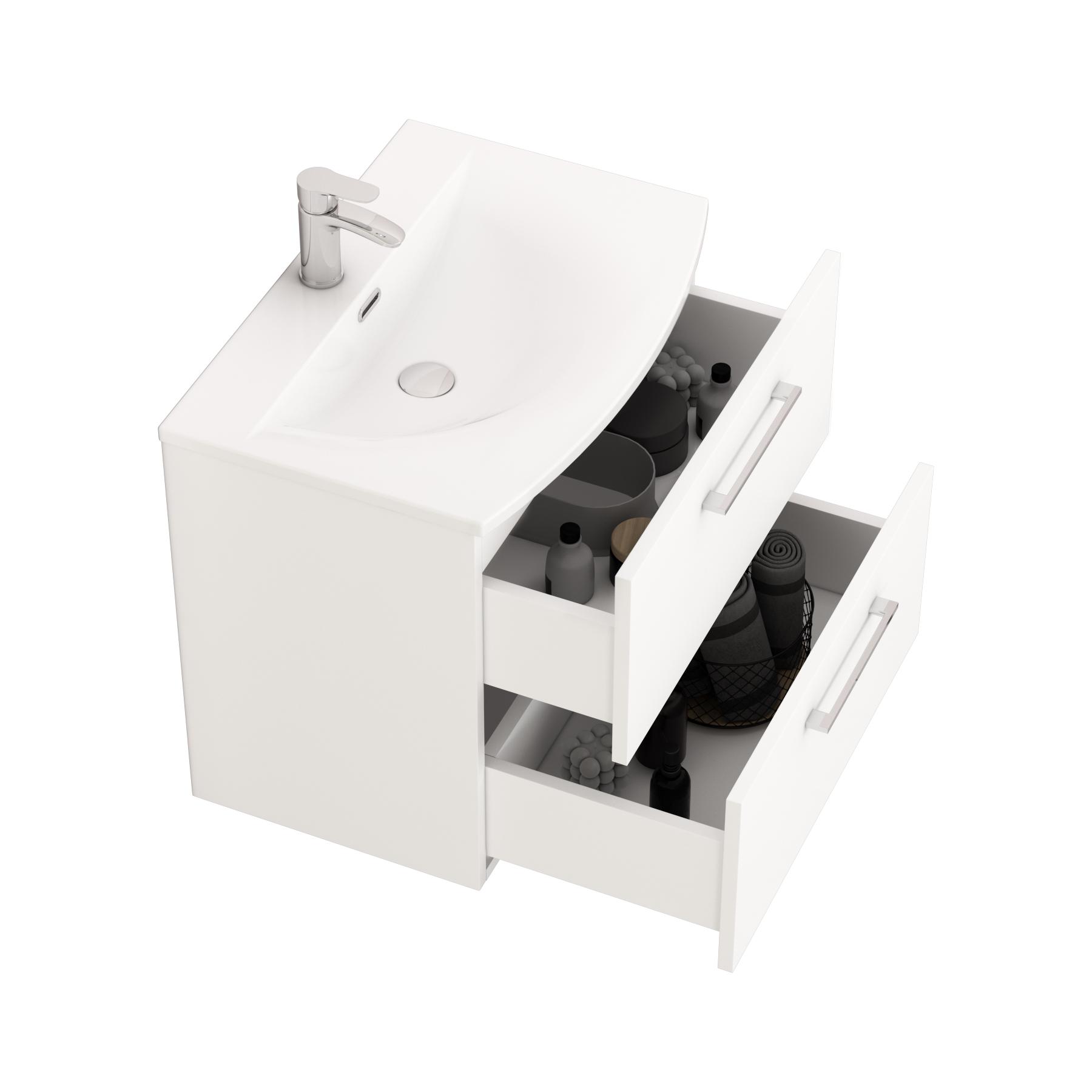 Modena Satin White 2 Drawer Wall Mounted Vanity Unit with Curved Basin ...