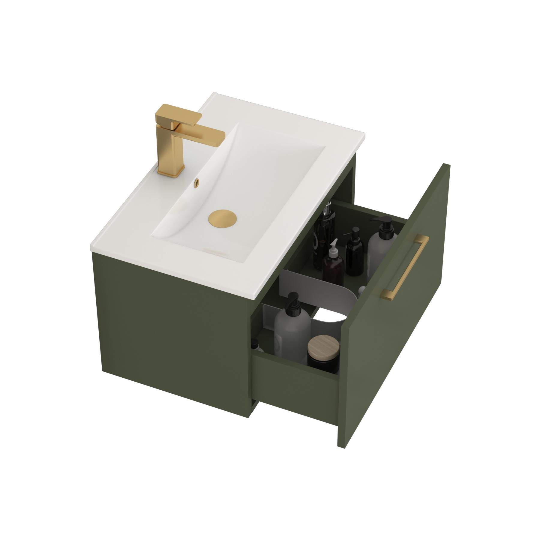 Modena Satin Green 1 Drawer Wall Mounted Vanity Unit with Minimalist ...