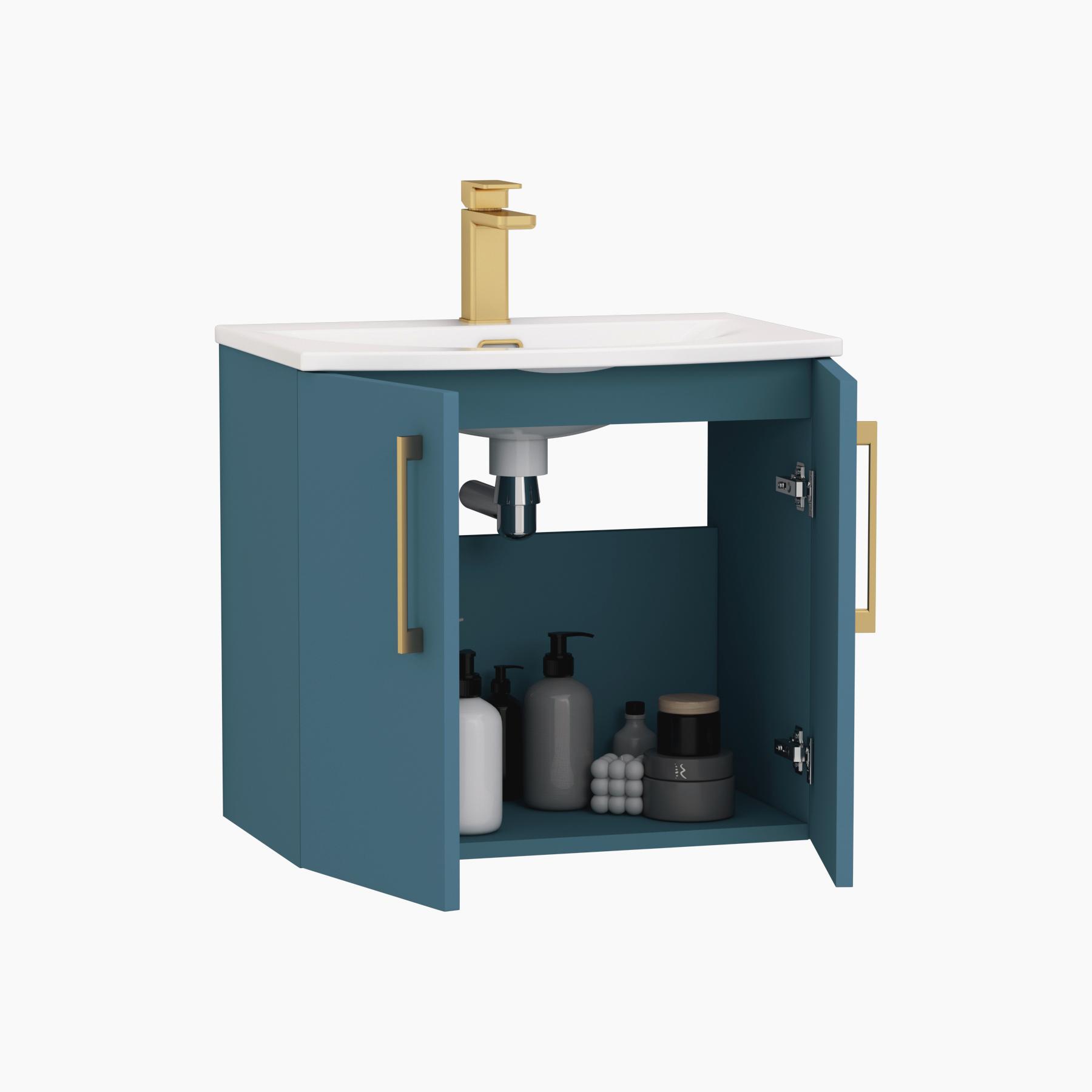Modena Satin Blue 2 Door Wall Mounted Vanity Unit with Curved Basin ...