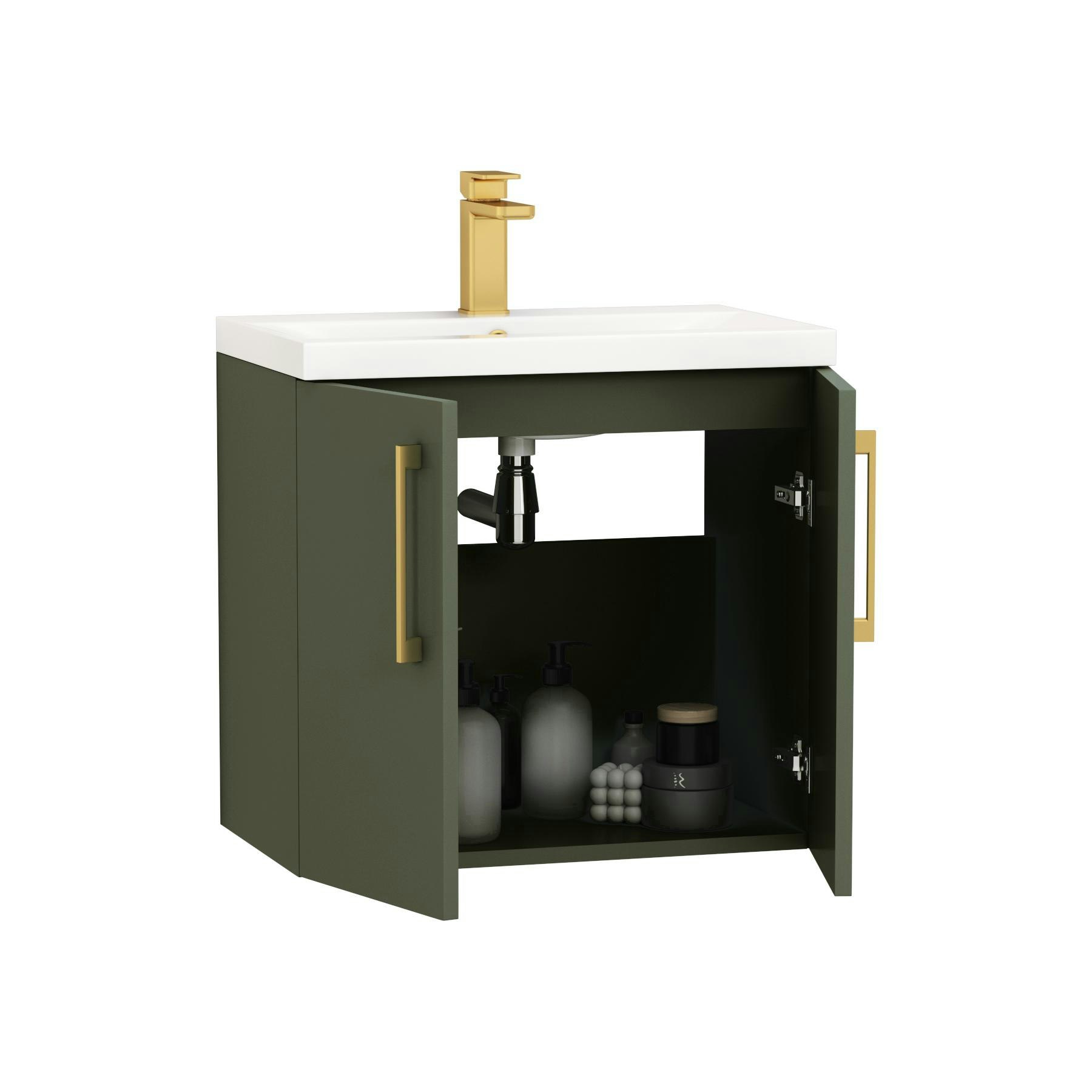 Modena Satin Green 2 Door Wall Mounted Vanity Unit with Mid-Edge Basin ...