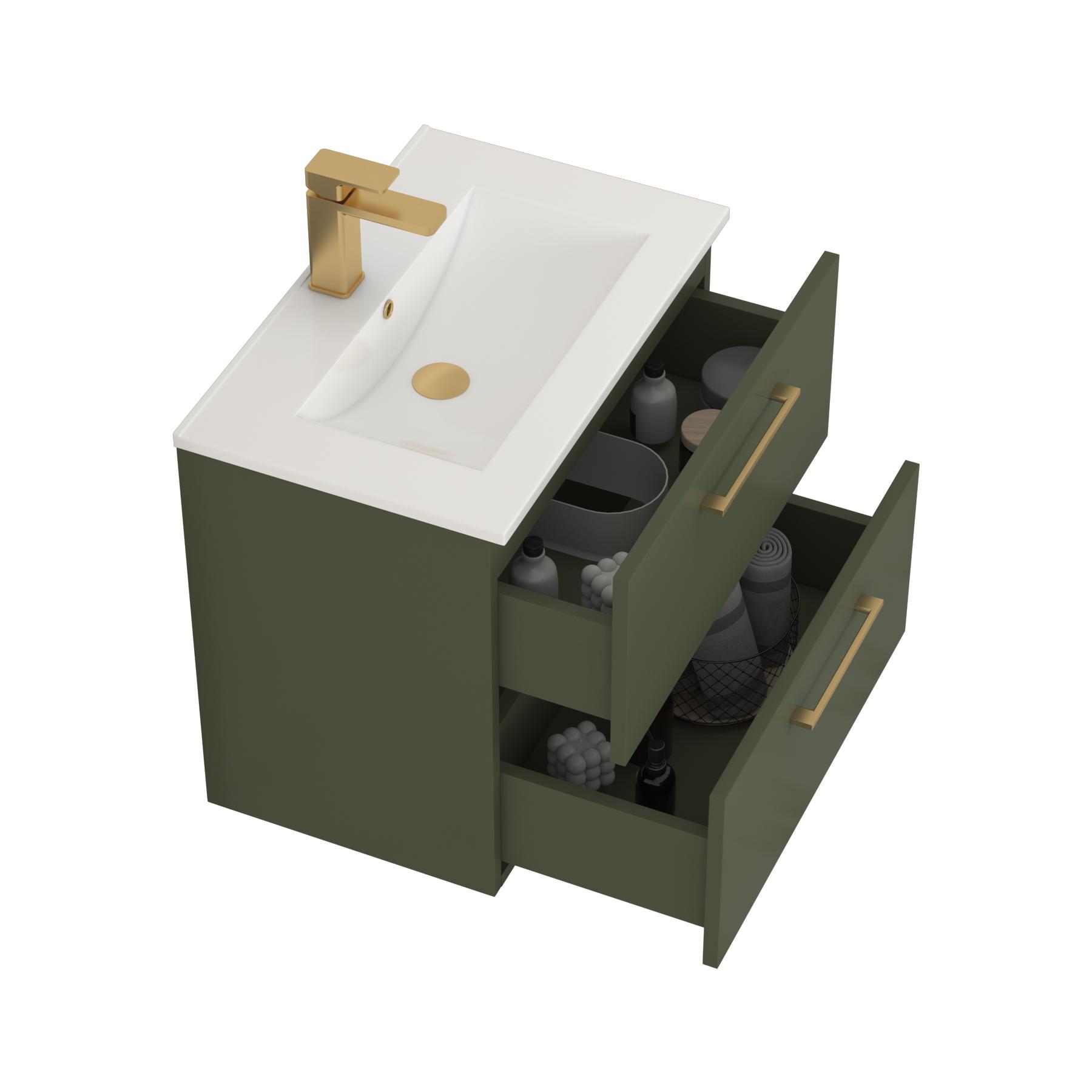 Modena Satin Green 2 Drawer Wall Mounted Vanity Unit with Minimalist ...