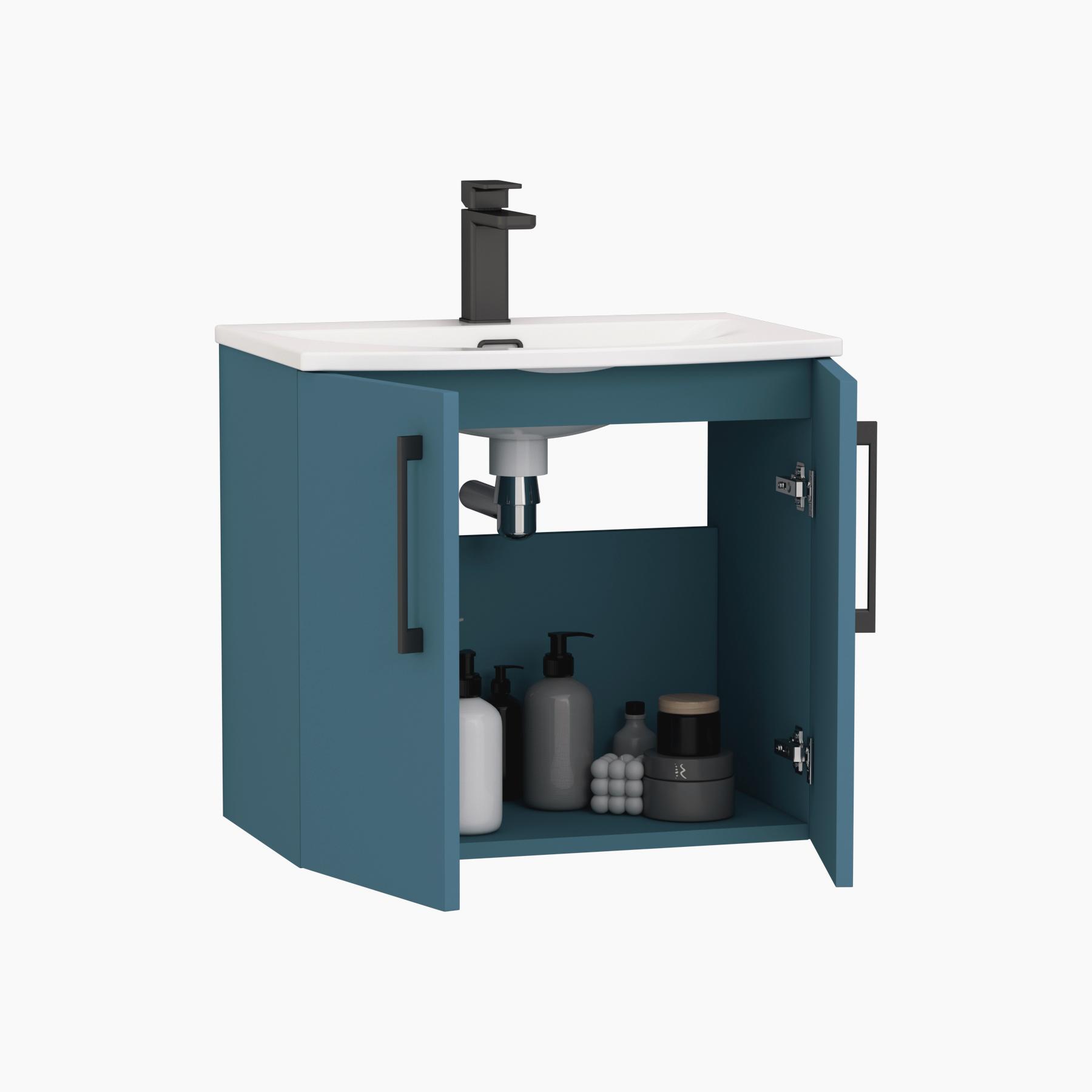 Modena Satin Blue 2 Door Wall Mounted Vanity Unit with Curved Basin ...