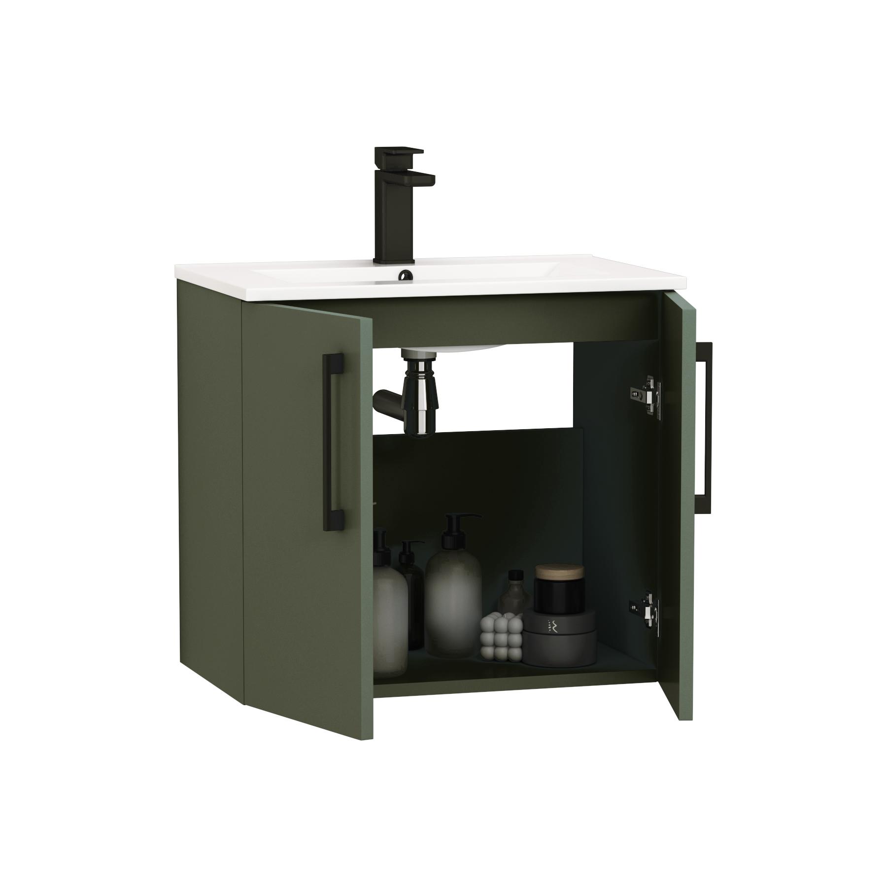 Modena Satin Green 2 Door Wall Mounted Vanity Unit with Minimalist ...