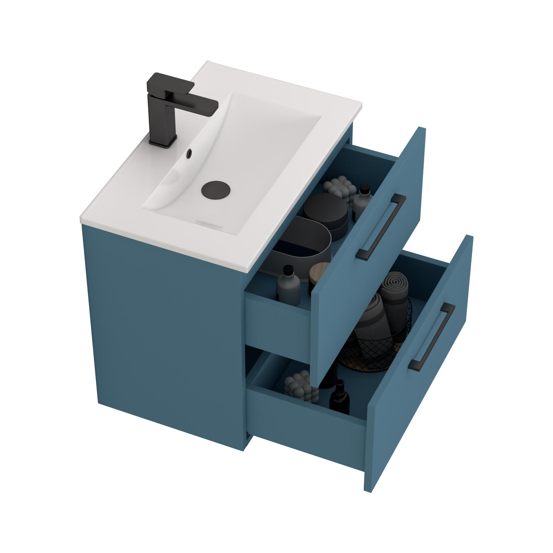 Modena Satin Blue 2 Drawer Wall Mounted Vanity Unit with Minimalist ...