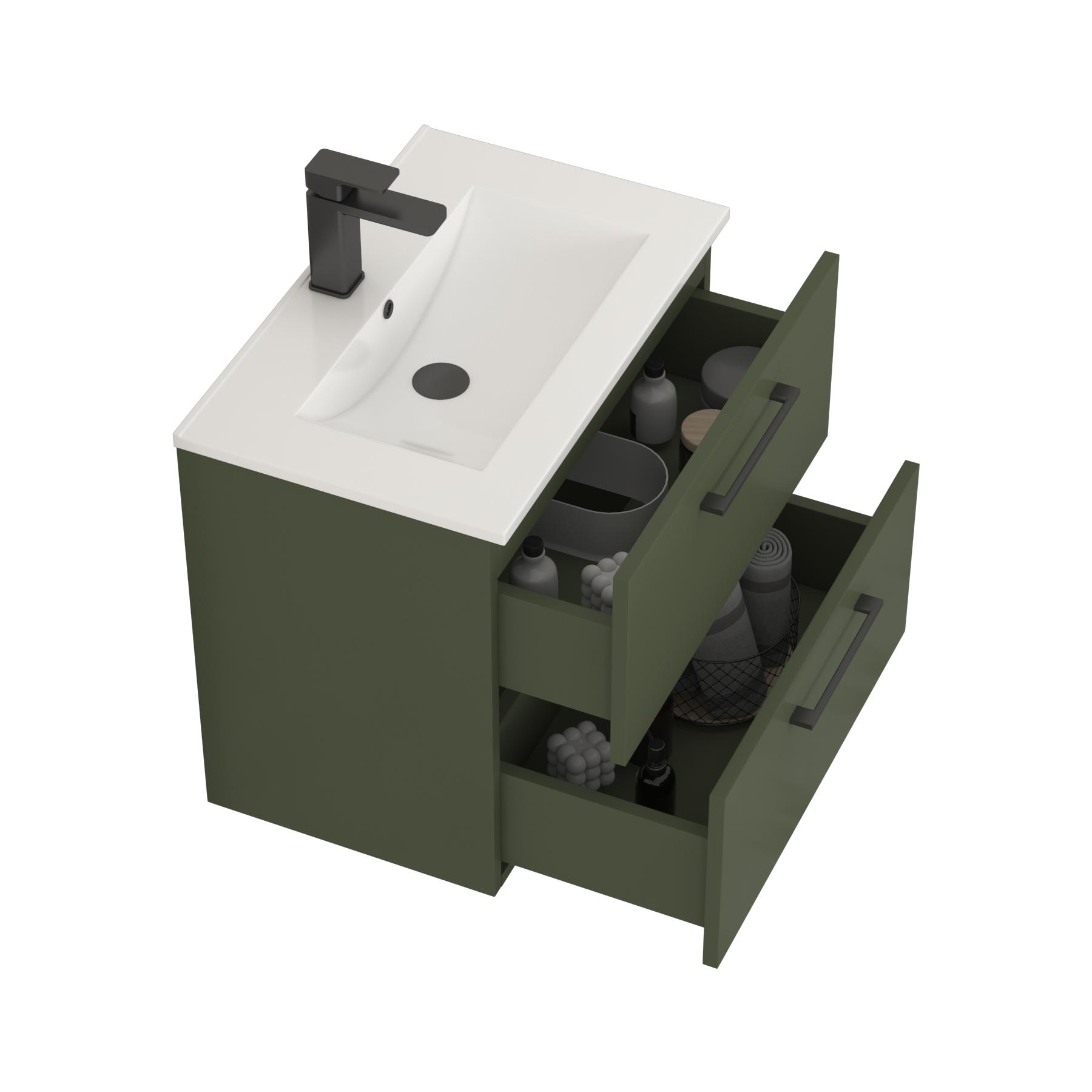 Modena Satin Green 2 Drawer Wall Mounted Vanity Unit with Minimalist ...