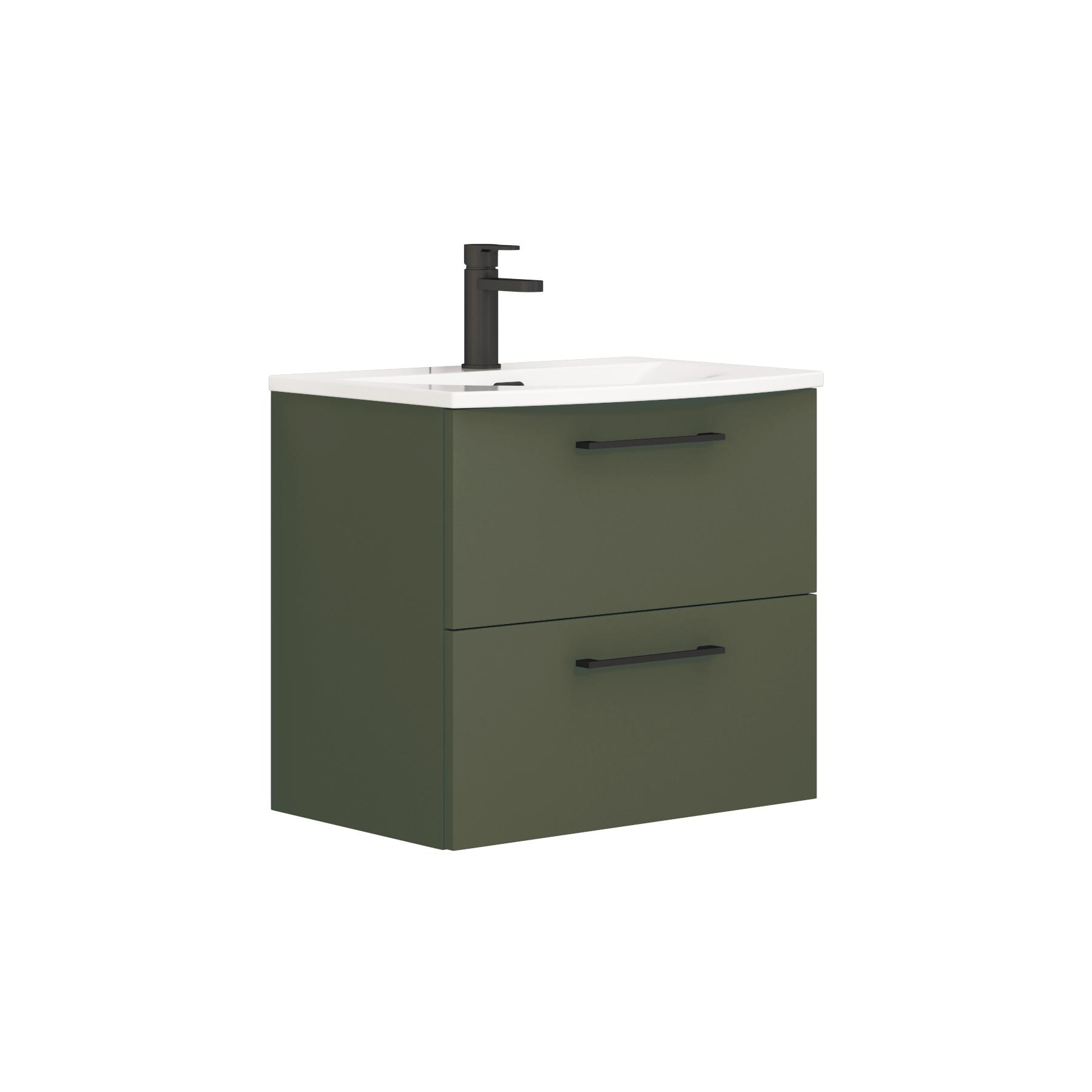 Modena Satin Green 2 Drawer Wall Mounted Vanity Unit with Curved Basin ...