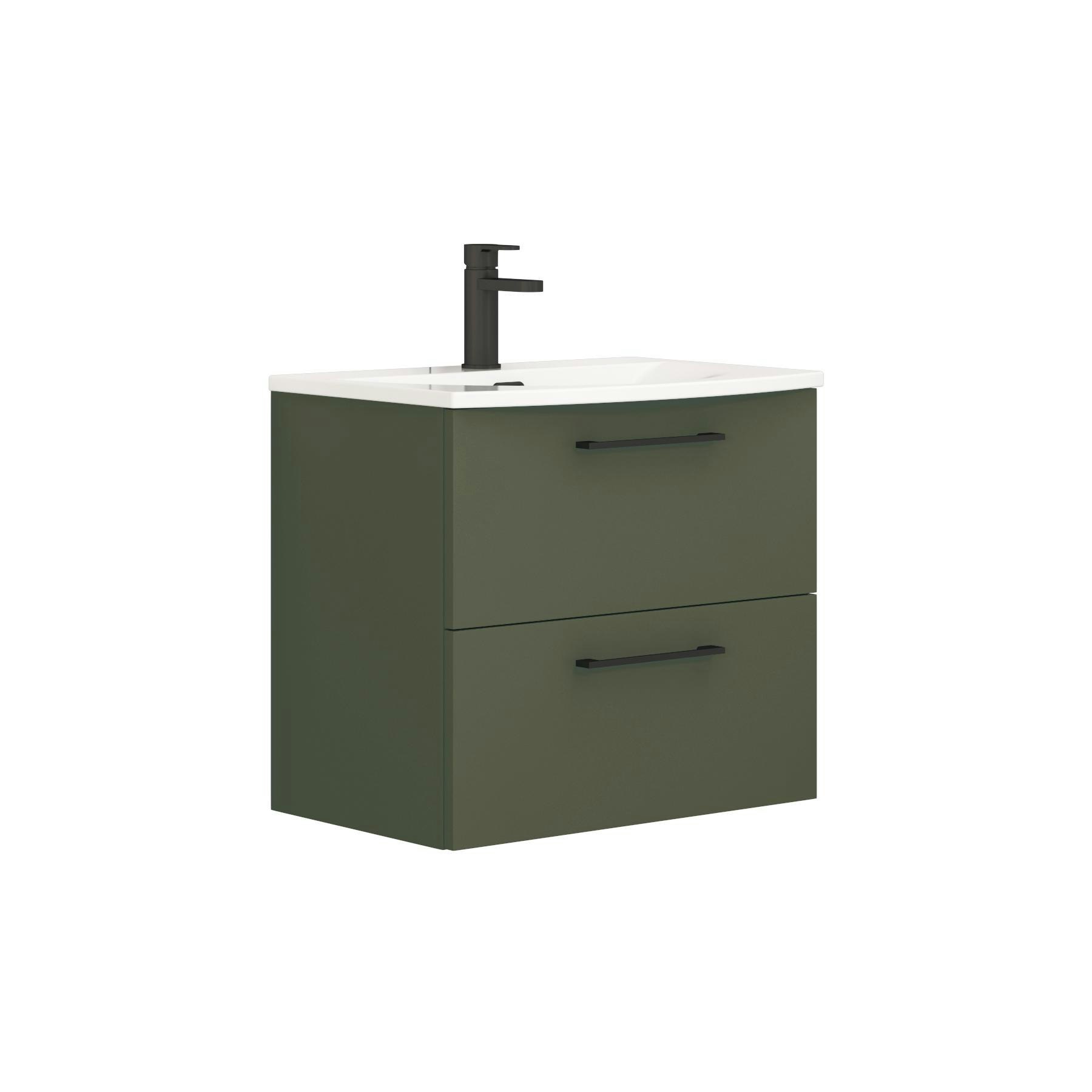 Modena Satin Green 2 Drawer Wall Mounted Vanity Unit with Curved Basin ...