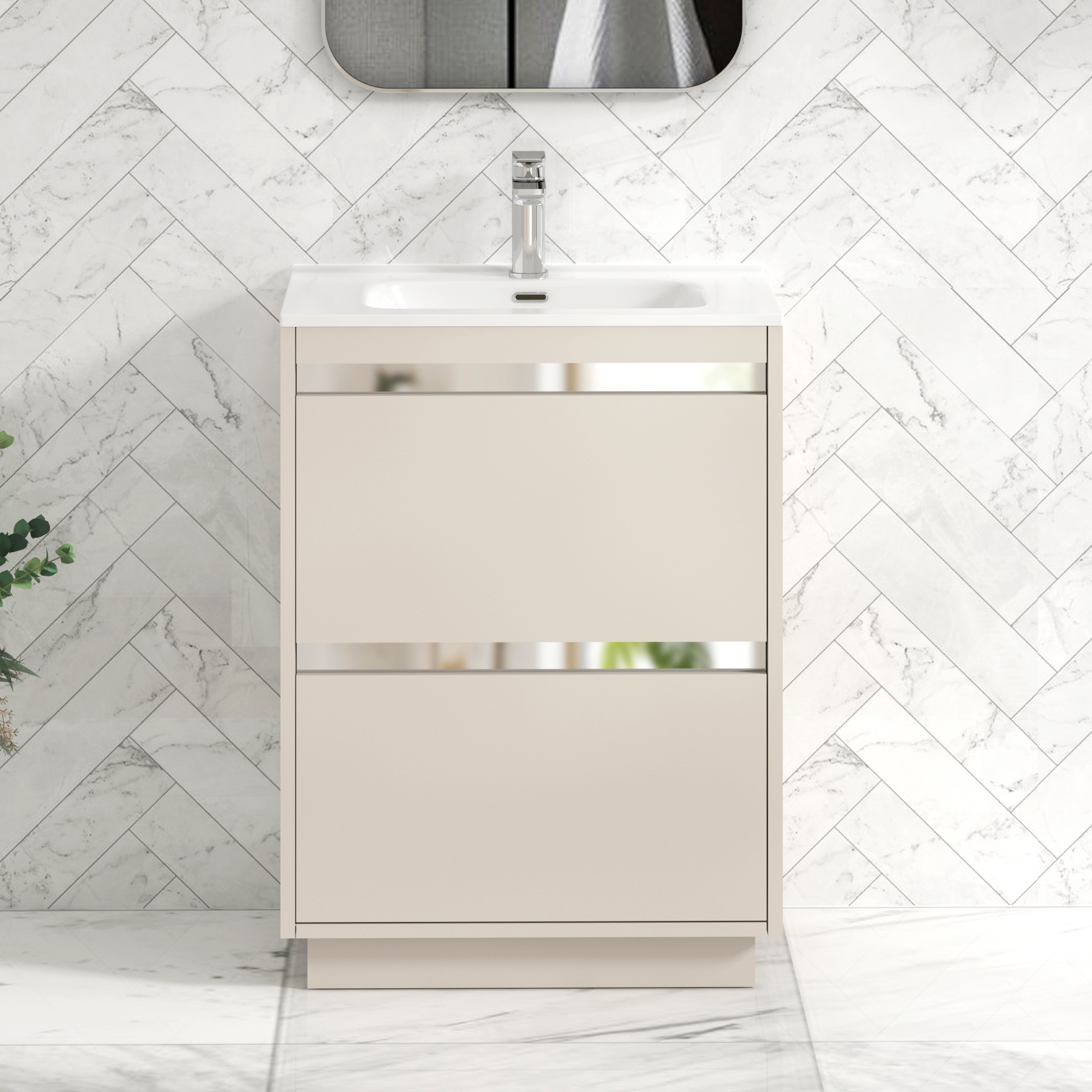 Orion 600mm Warm Taupe 2 Drawer Floor Standing Vanity Unit with Ceramic ...