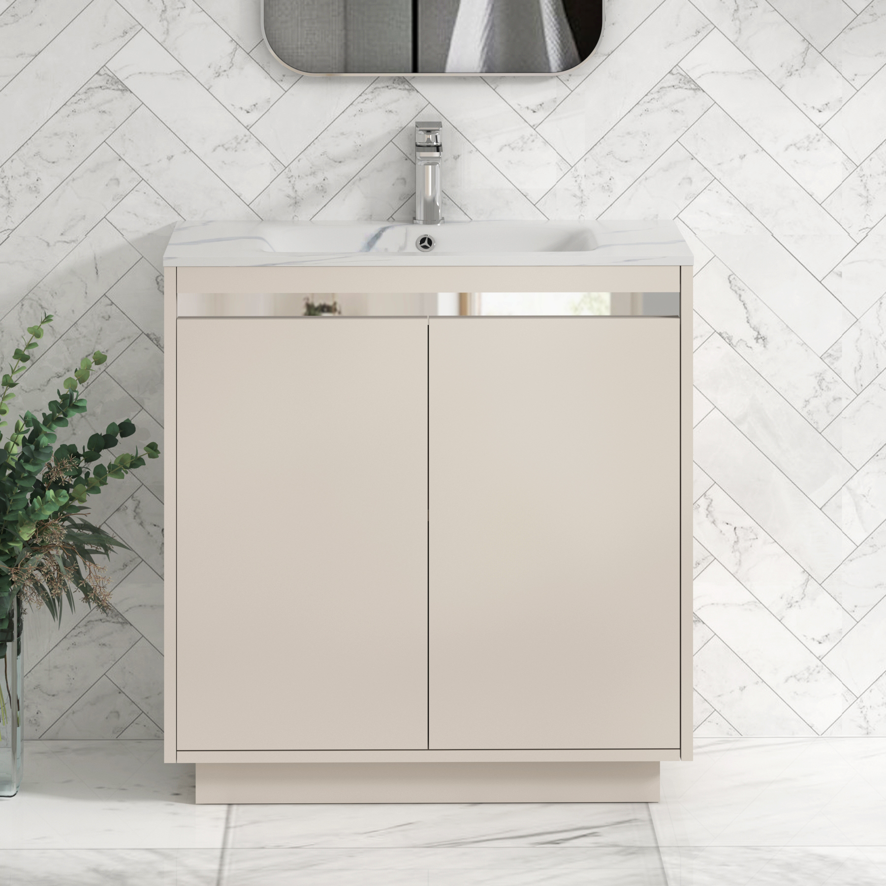 Orion 800mm Floor Standing Vanity Unit 2 Door Warm Taupe with Carrara ...