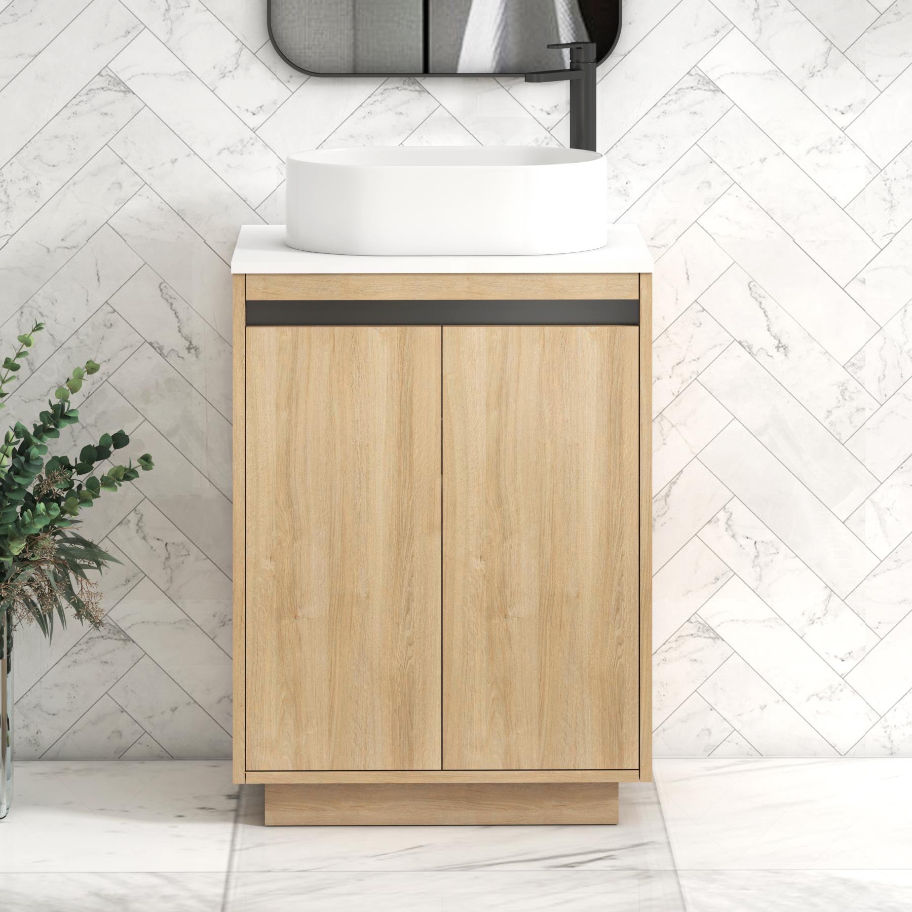 Orion 600mm Natural Oak Floor Standing Plain White Countertop Vanity ...