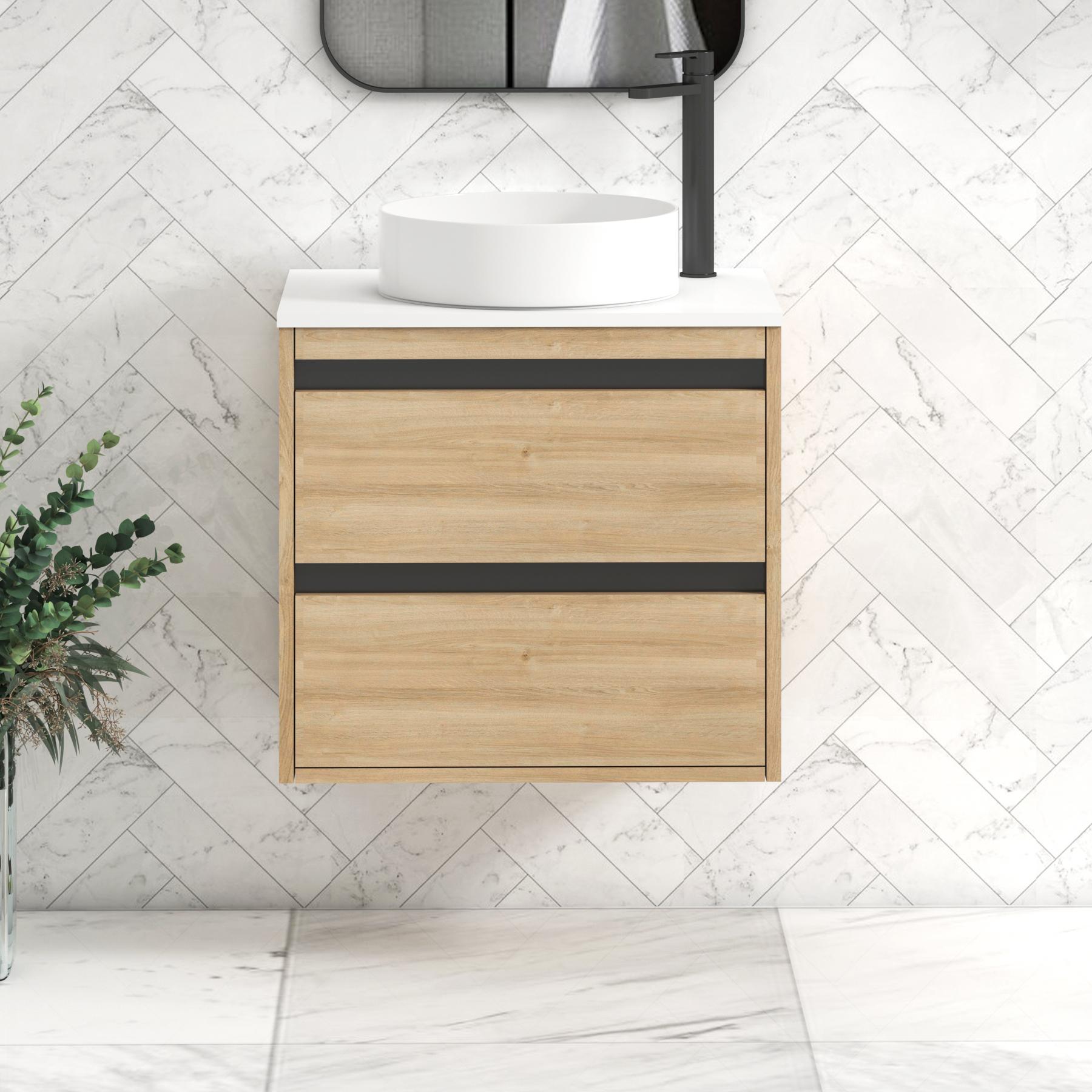 Orion 600mm Natural Oak Wall Hung Plain White Countertop Vanity Unit 2 ...
