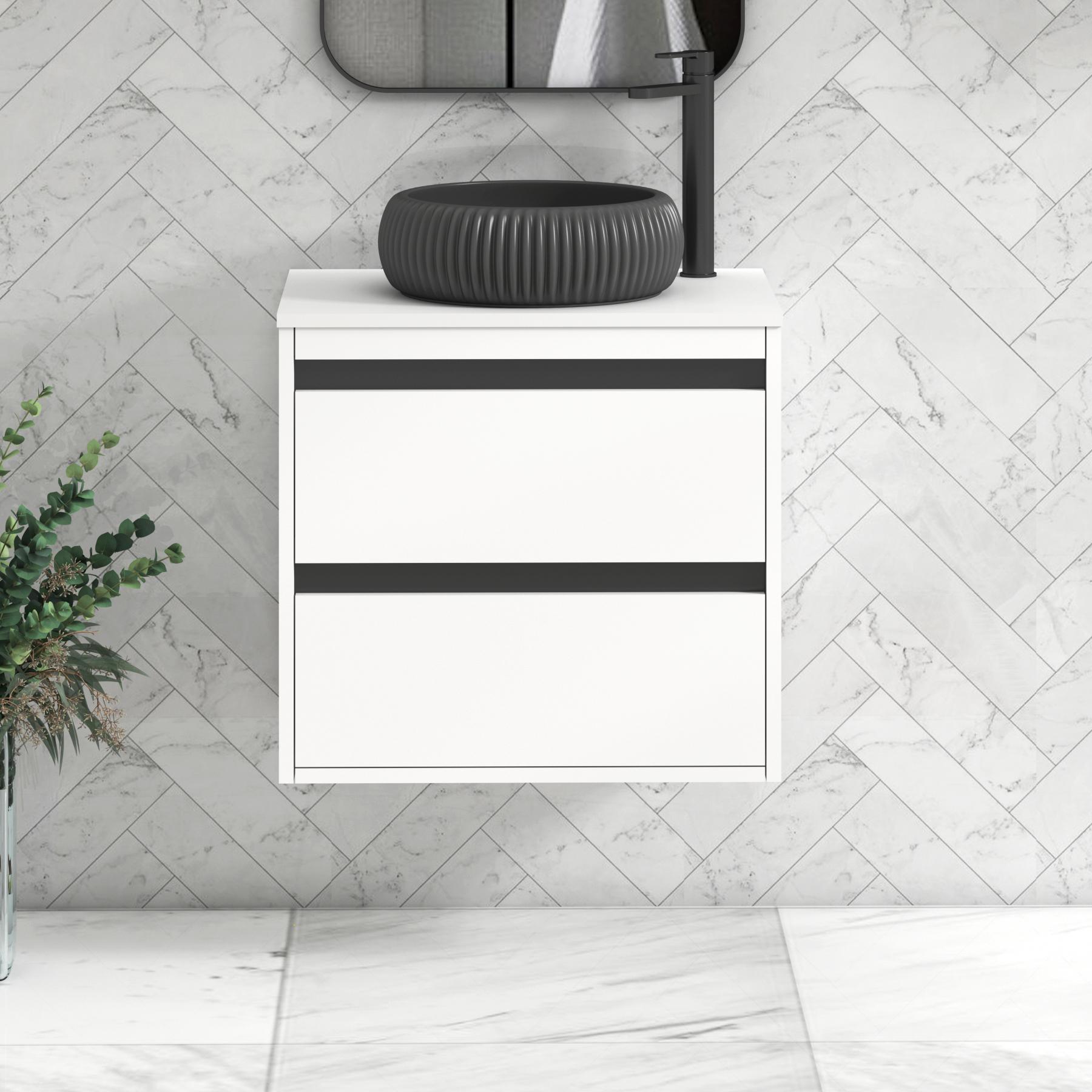 Orion 600mm Matt White Wall Hung Plain White Countertop Vanity Unit 2 ...