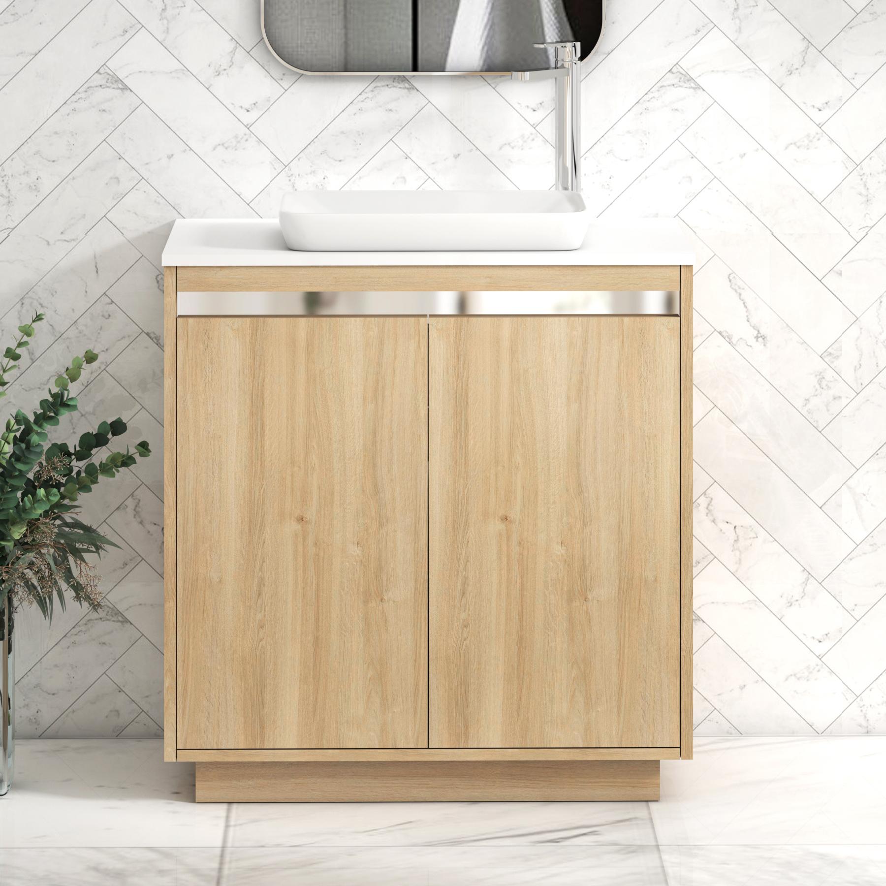 Orion 800mm Natural Oak Floor Standing Plain White Countertop Vanity ...