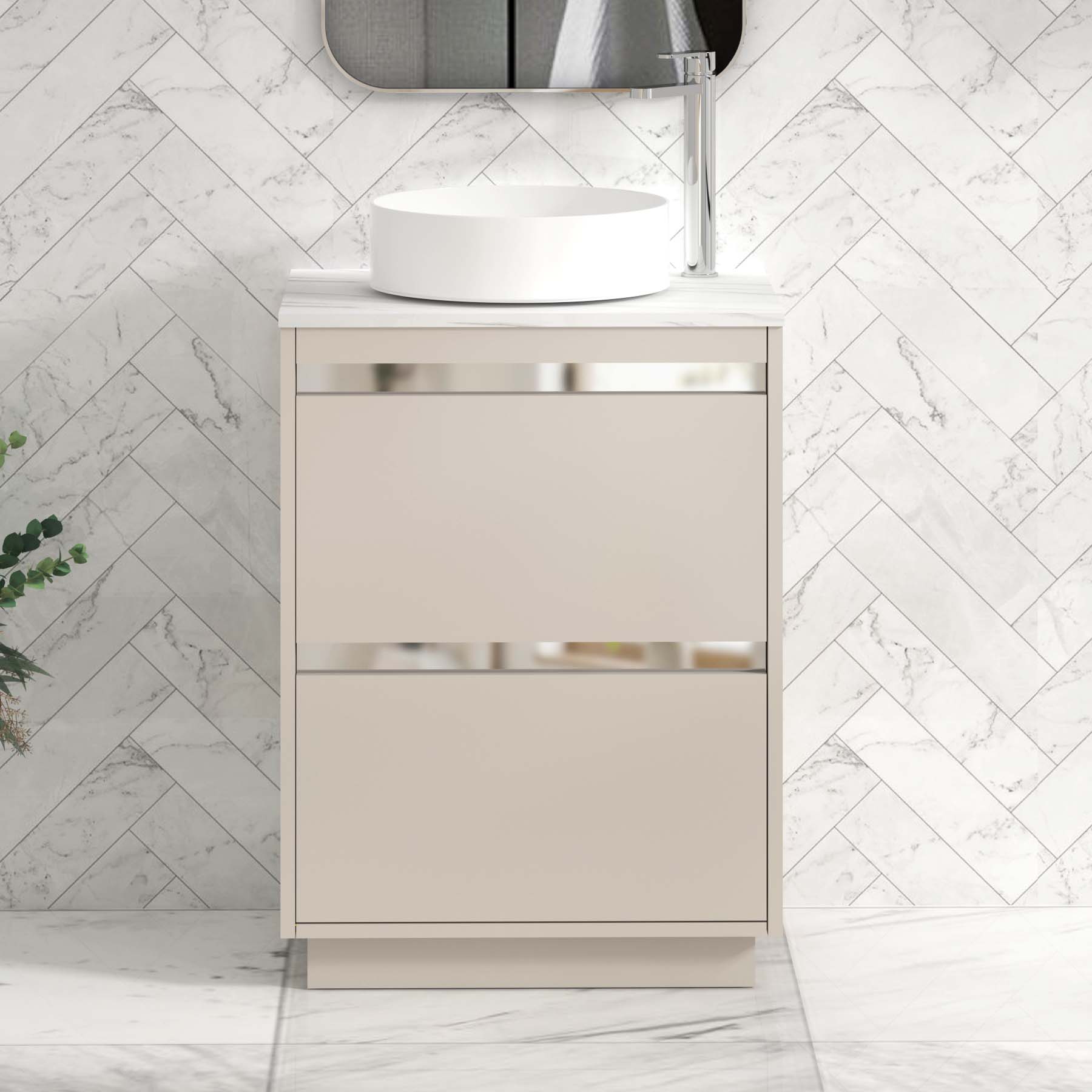 Orion 800mm Warm Taupe Floor Standing Vanity Unit 2 Drawer with Carrara ...