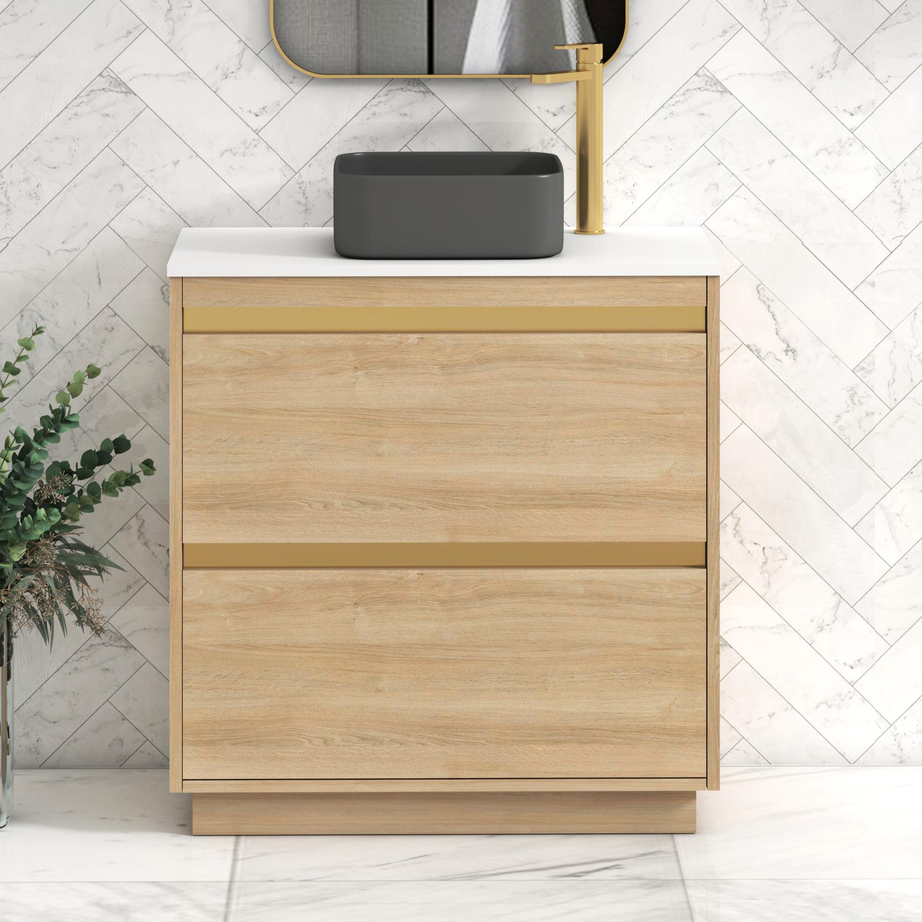 Orion 800mm Natural Oak Floor Standing Plain White Countertop Vanity ...