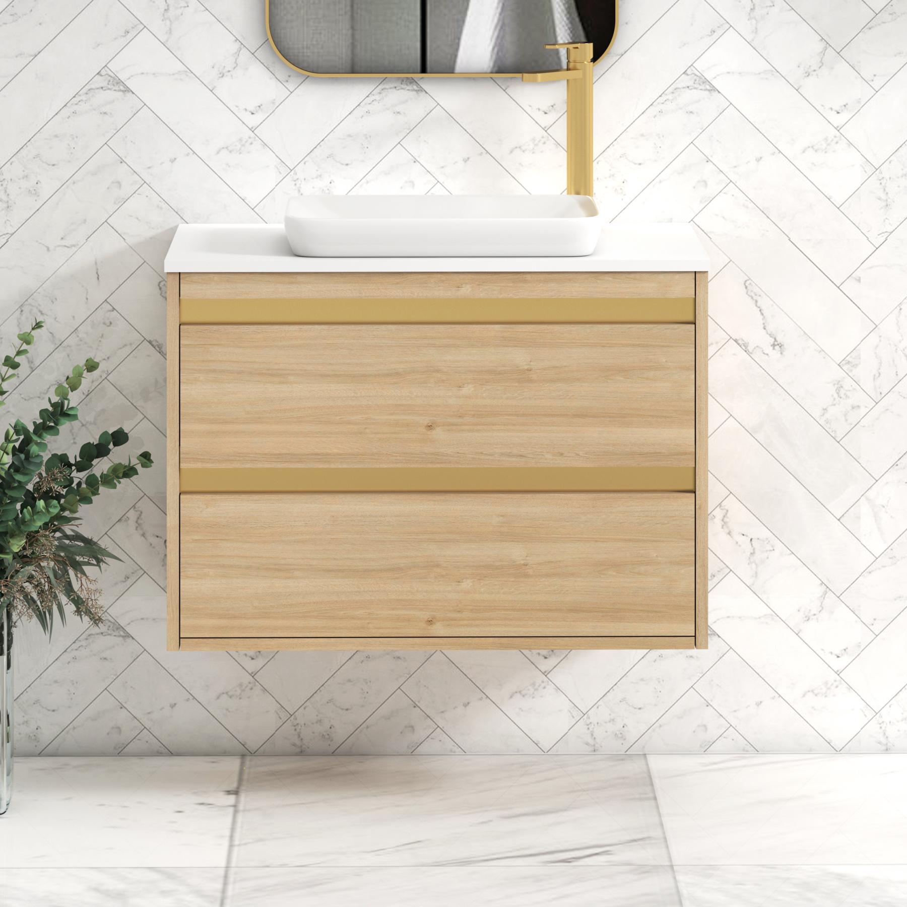 Orion 800mm Natural Oak Wall Hung Plain White Countertop Vanity Unit 2 ...