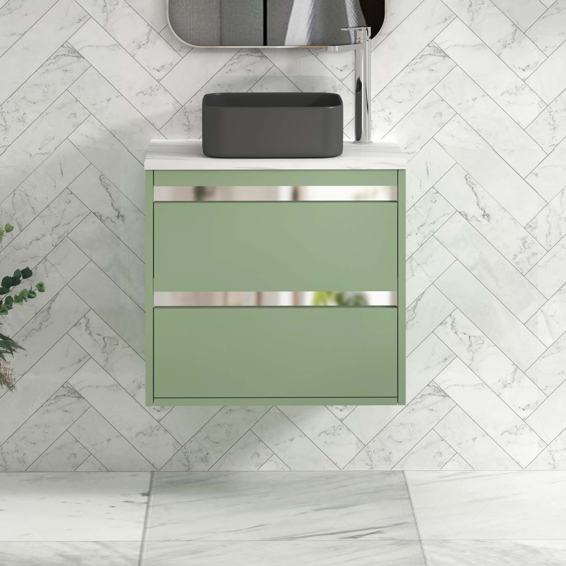 Orion 600mm Mint Sage Wall Hung Countertop Vanity Unit 2 Drawer with ...
