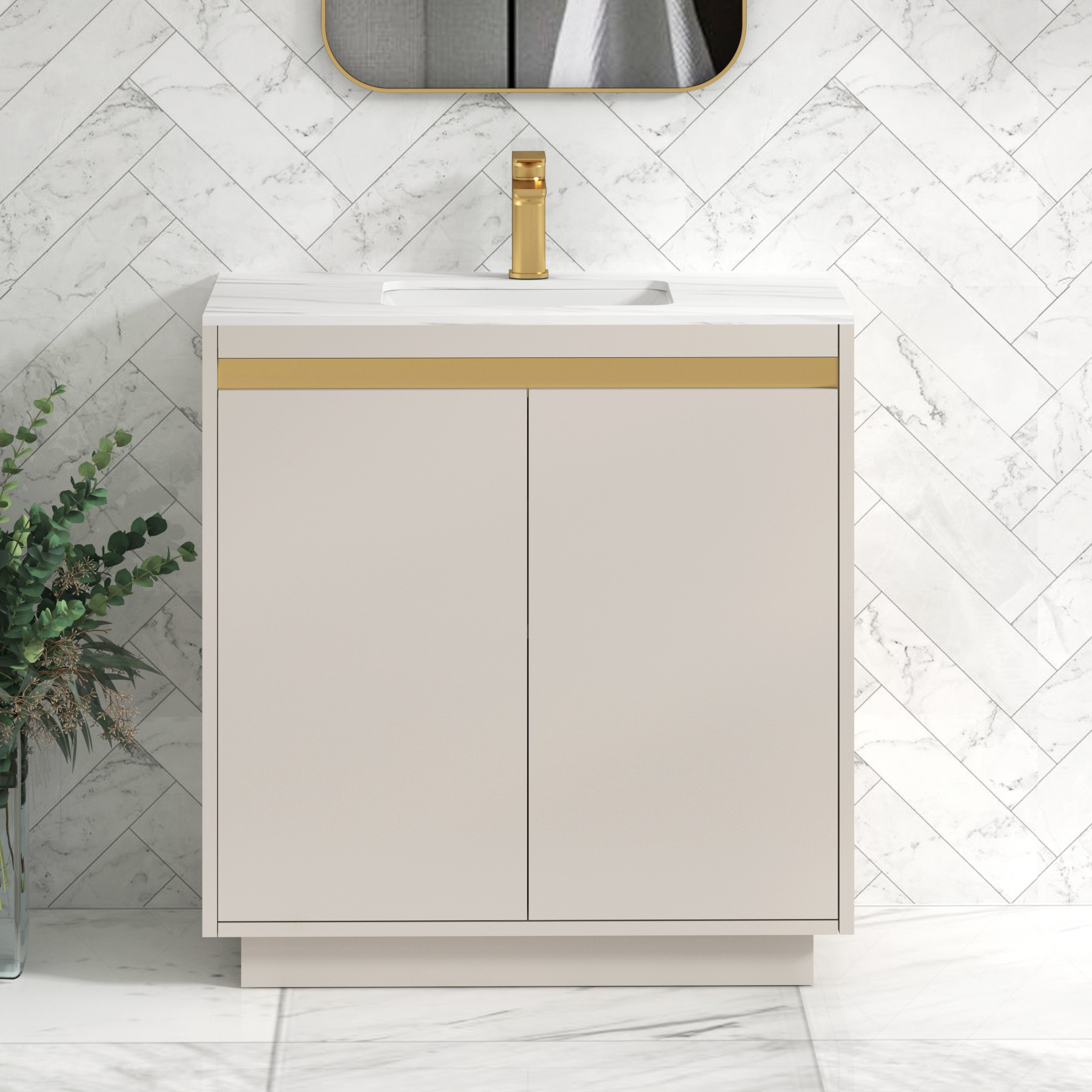 Orion 800mm Warm Taupe 2 Door Floor Standing Vanity Unit with Carrara ...