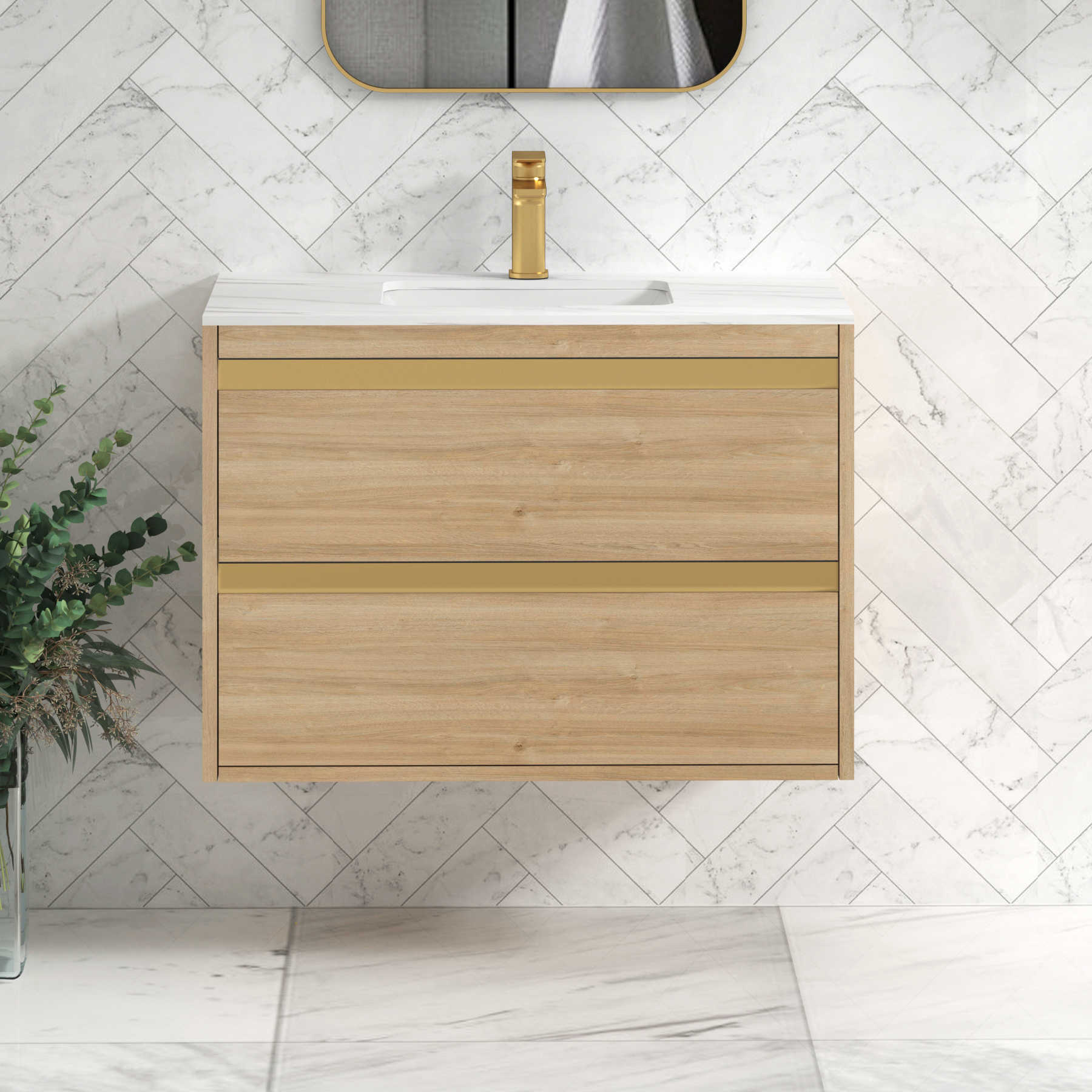 Orion 800mm Natural Oak 2 Drawer Wall Hung Vanity Unit with Carrara ...