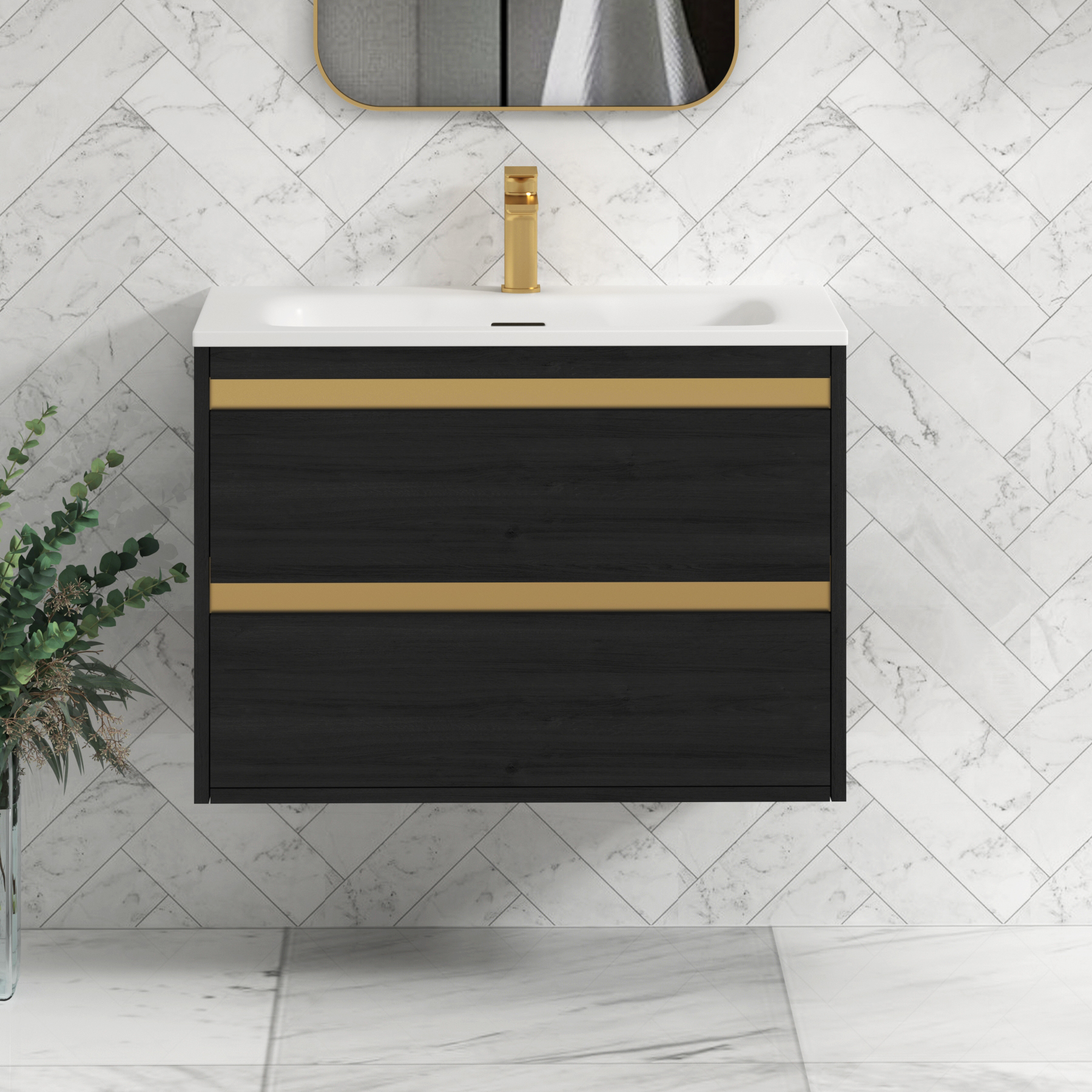 Orion 800mm Wall Hung Vanity Unit 2 Drawer Hale Black with Undrilled Matte Stone Basin & Brushed ...