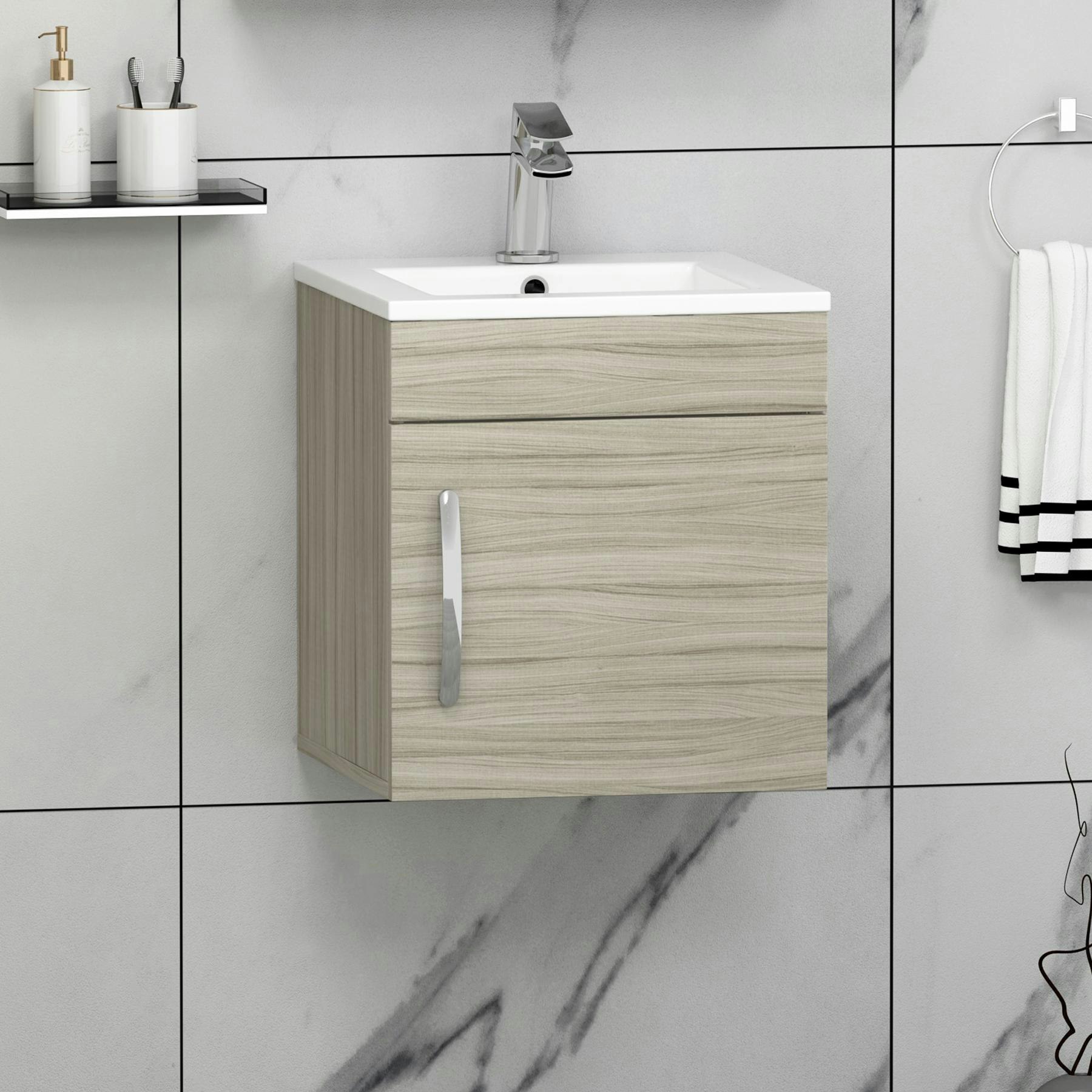 Turin 400mm Cloakroom Wall Hung Vanity Sink Unit Beachwood Oak - 1 Door ...